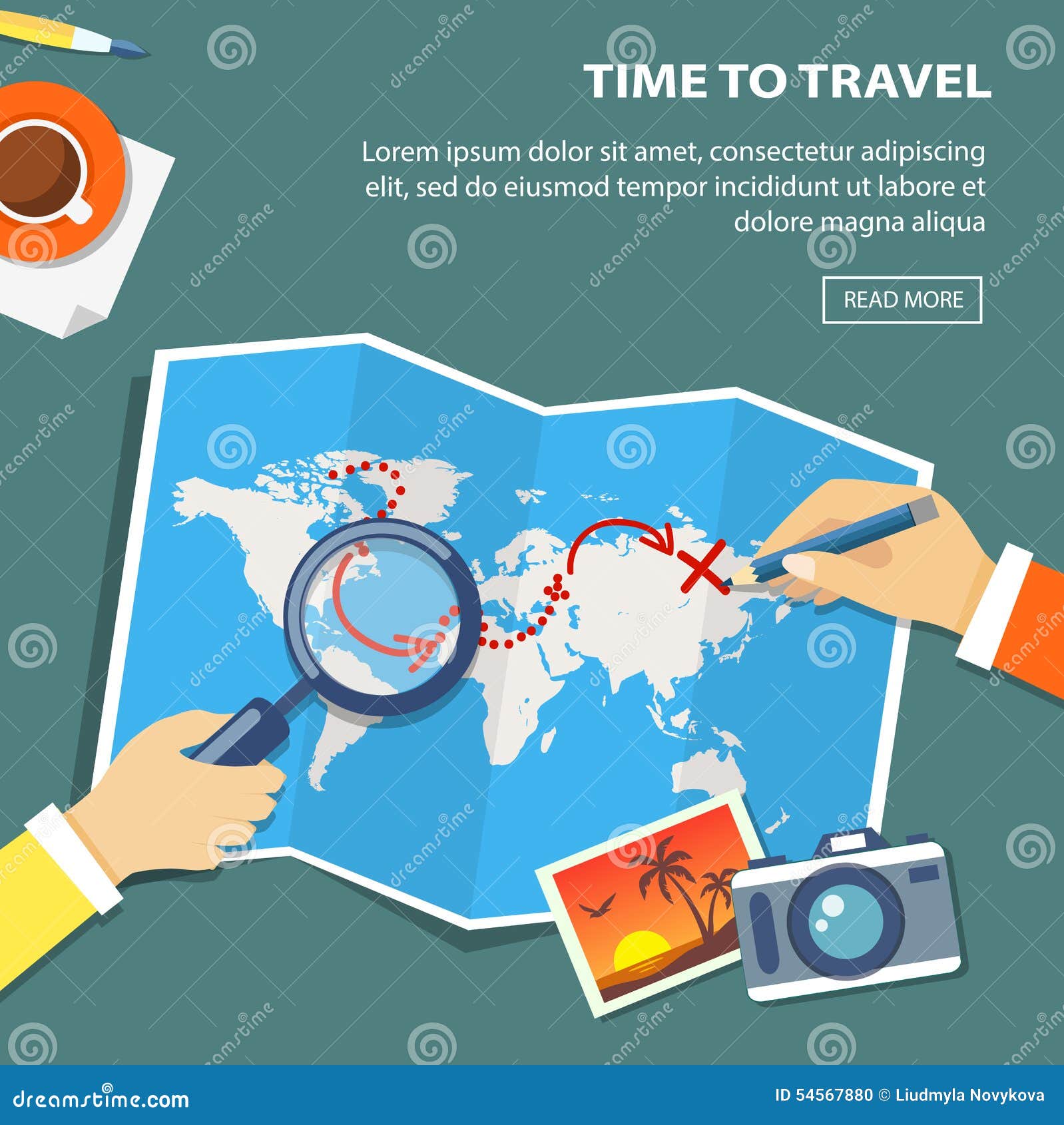 Travel Planning. Map, Globe And Compass. Cartoon Vector Illustration ...