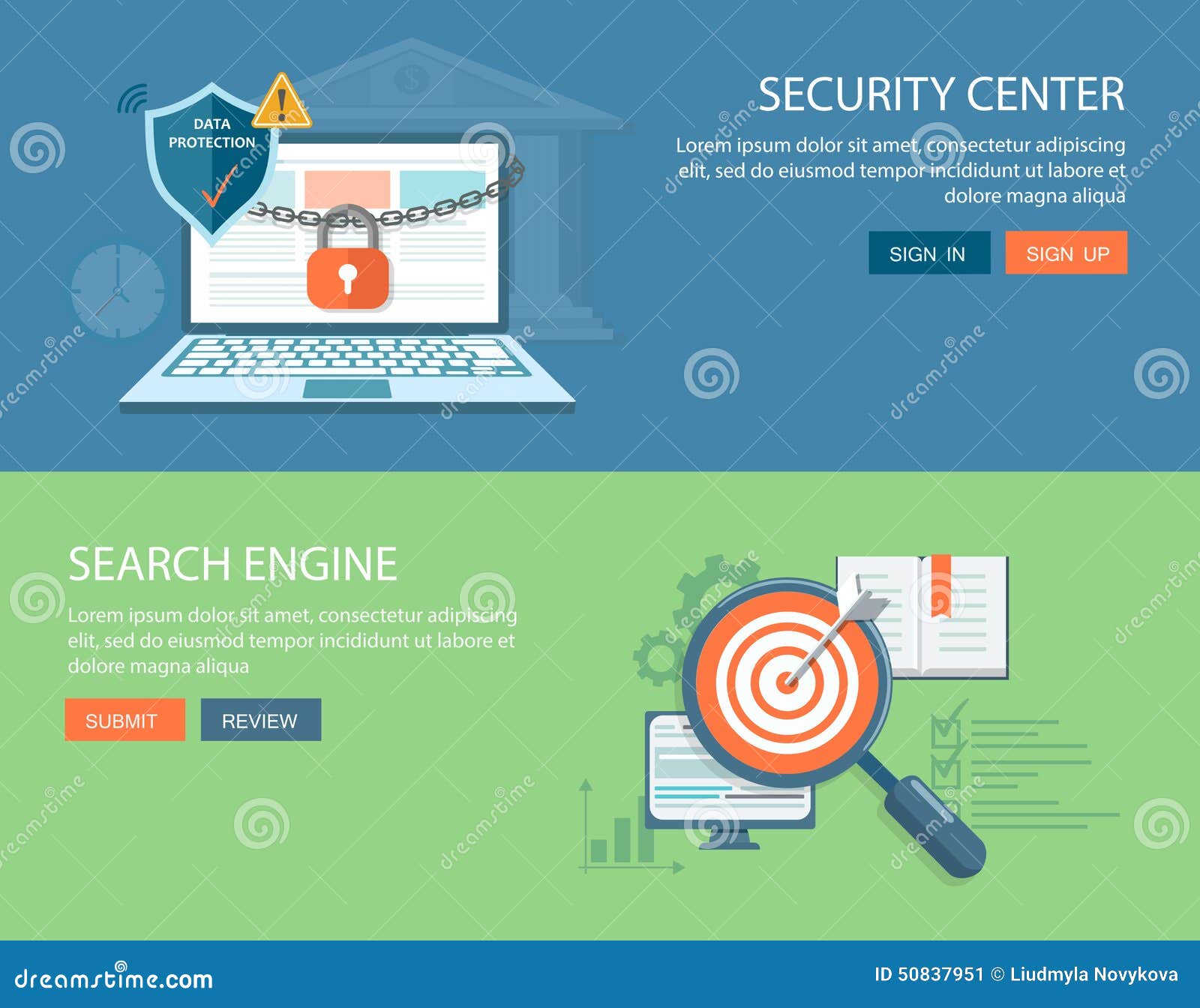 Flat Banners Set. Security Center and Search Engine Illustration Stock ...