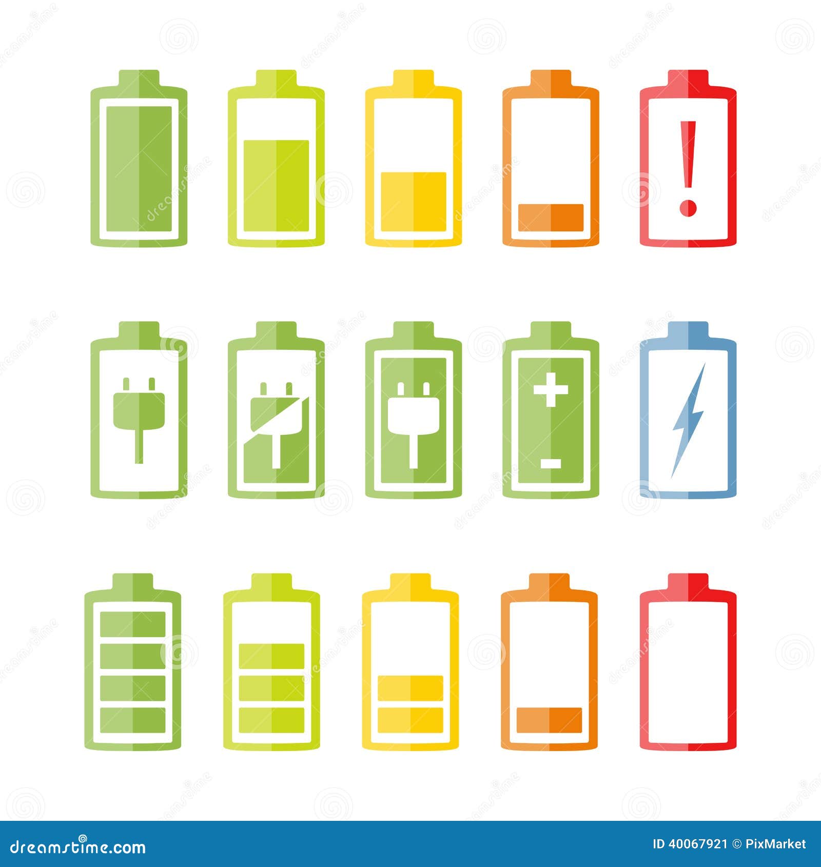 Flat Battery Icons Set stock vector. Illustration of electricity - 40067921