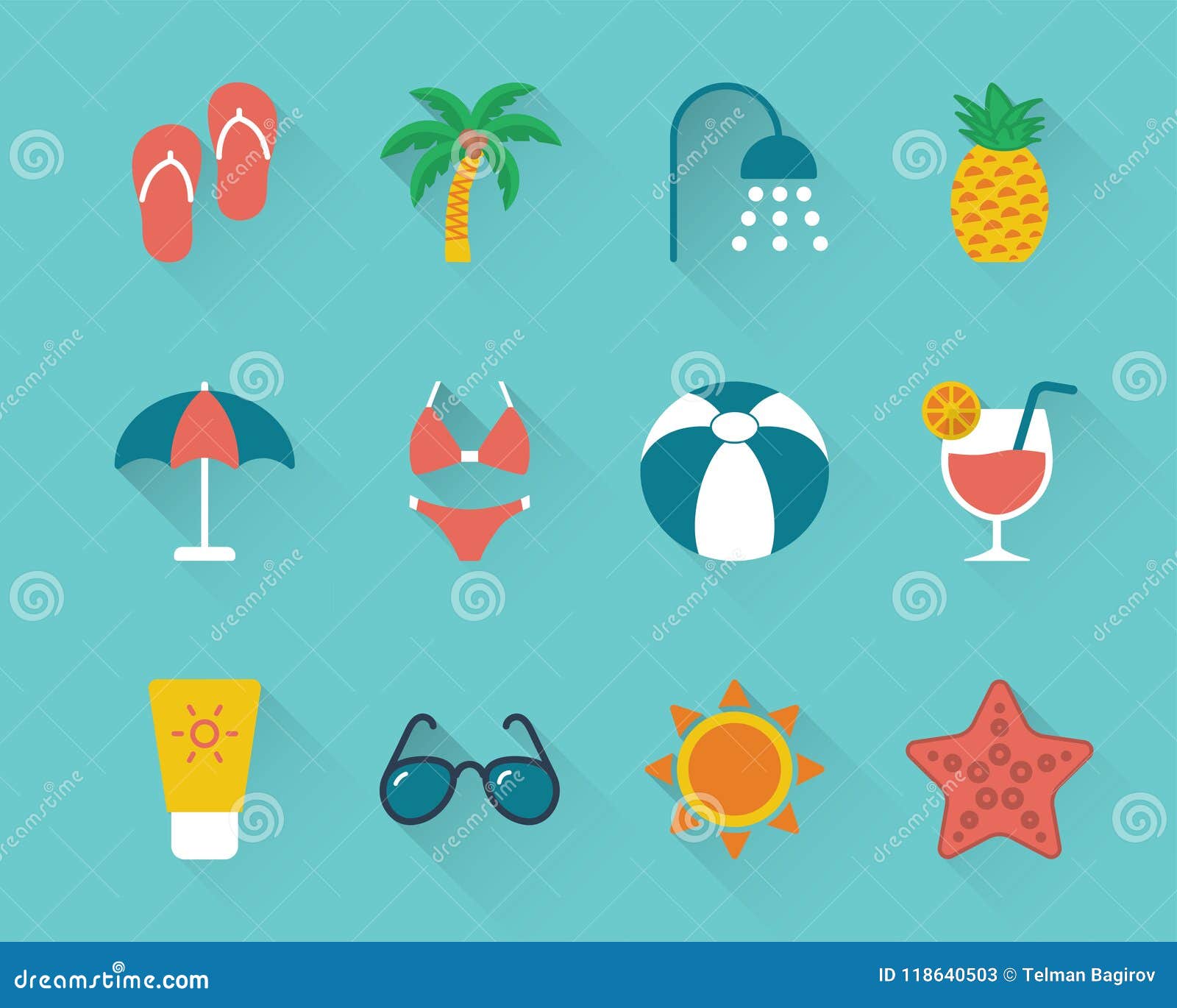 Flat Beach Icons Set on Blue Background Stock Illustration ...