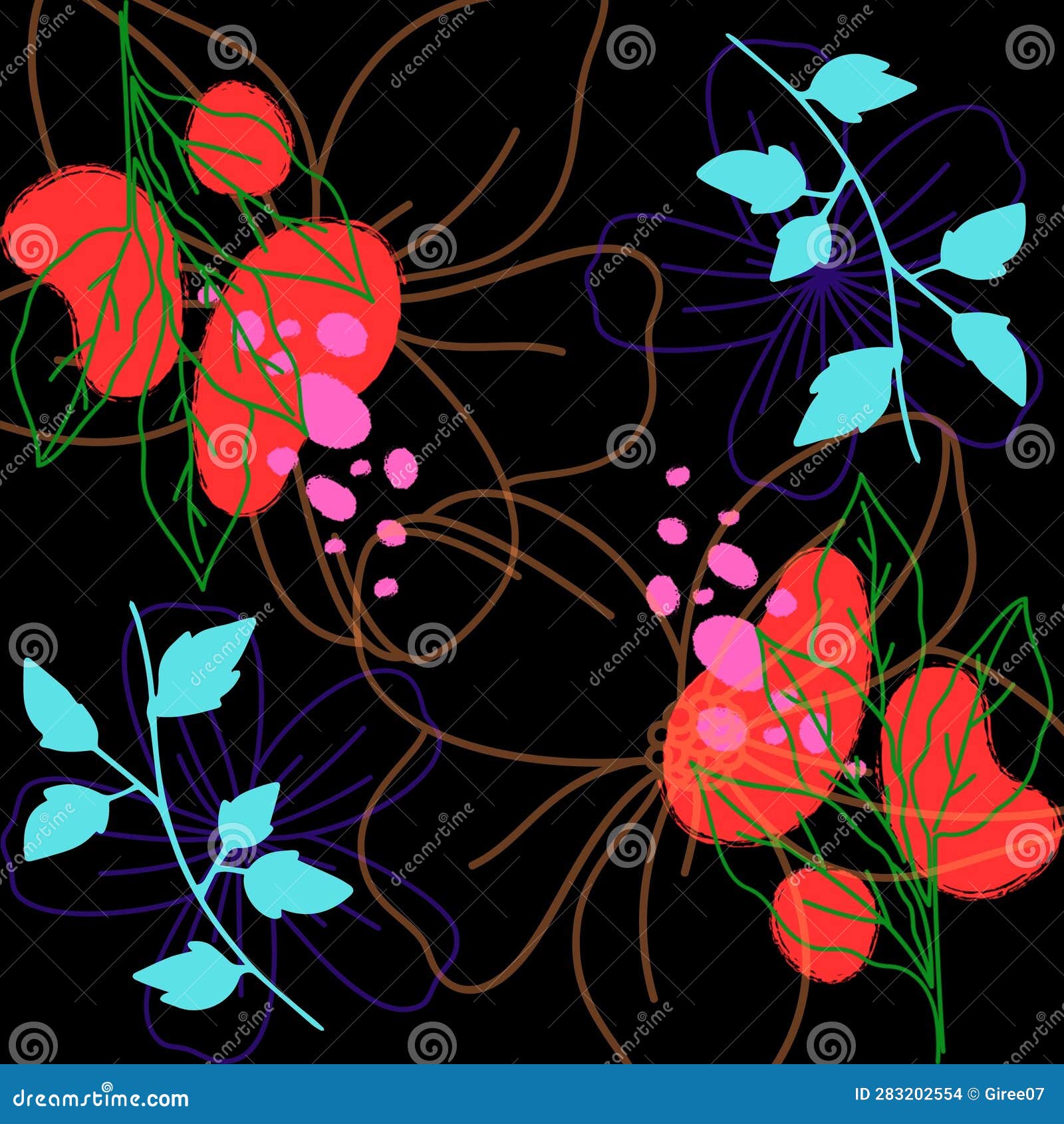 Flat Beautiful Floral and Leaf Design in Dark Background Stock ...