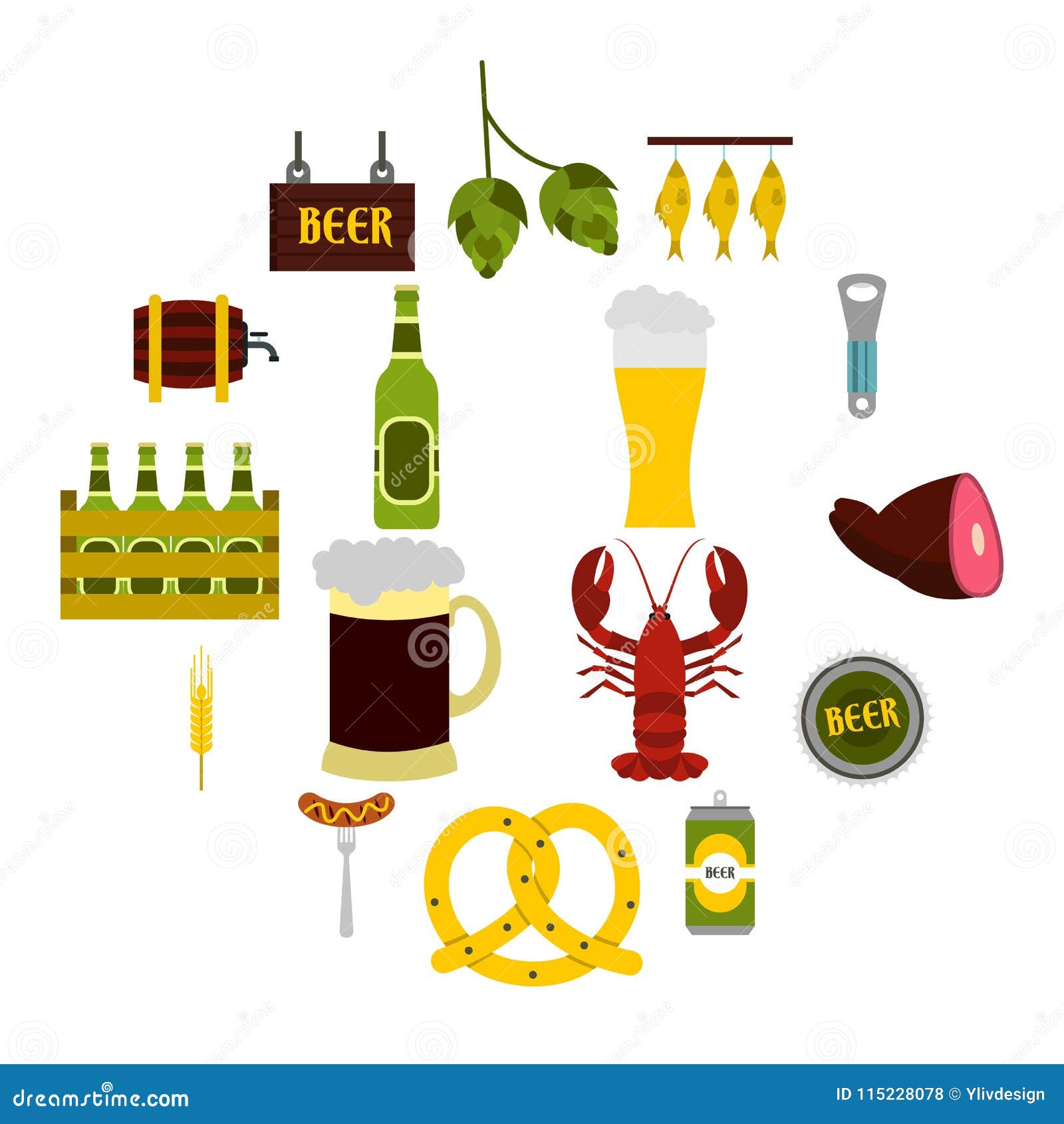 Beer icons set, flat style stock vector. Illustration of beaker - 115228078