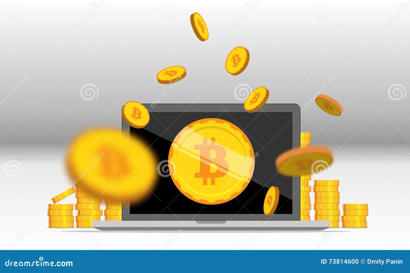 Flat Bitcoin. Golden Coins Stack with Computer Mining Equipment. Stock ...