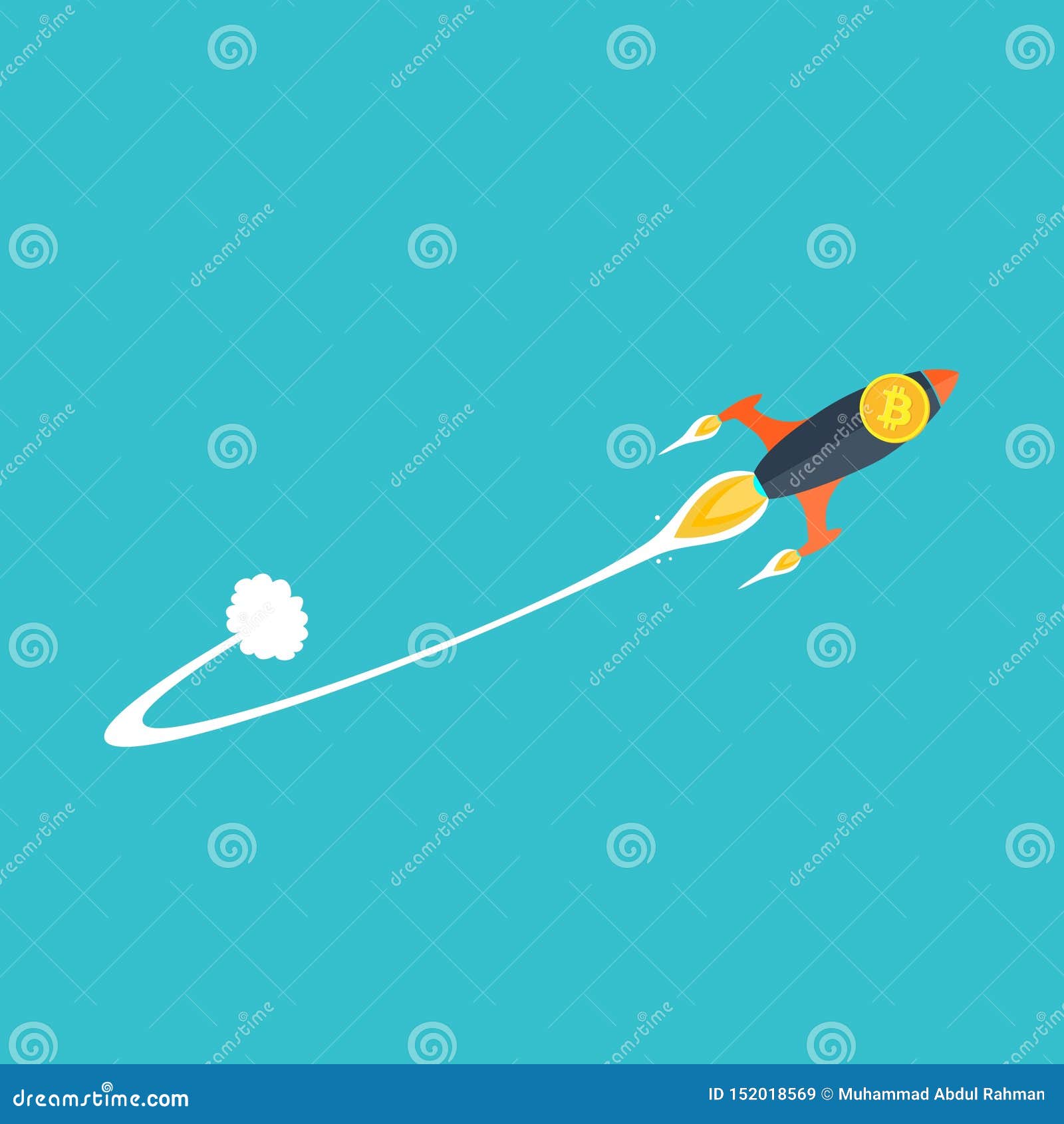 Flat Bitcoin Rocket with Trail on Blue Background Stock Illustration ...