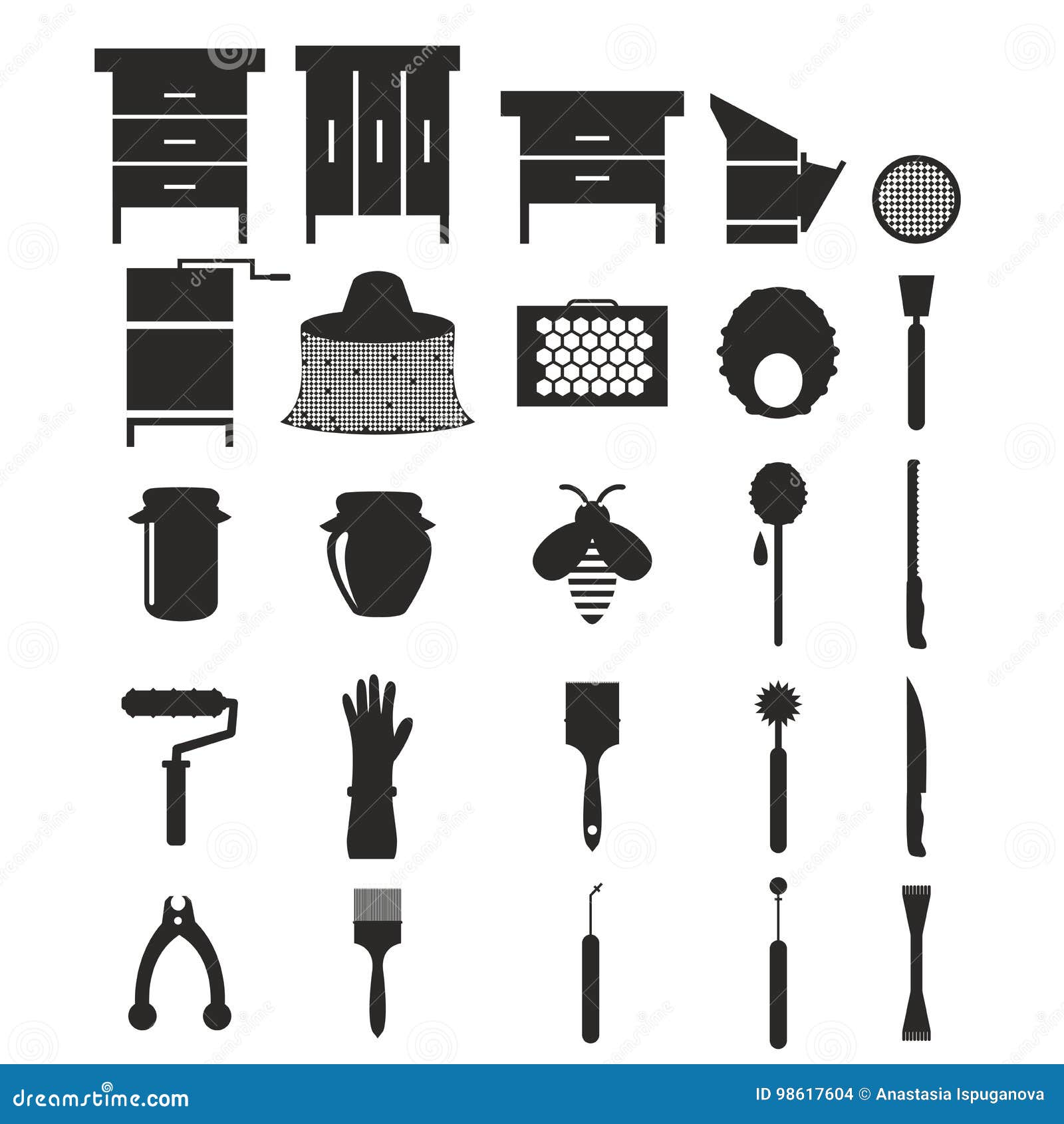 Flat Black Silhouette Design Elements of Beekeeping and Apiculture ...