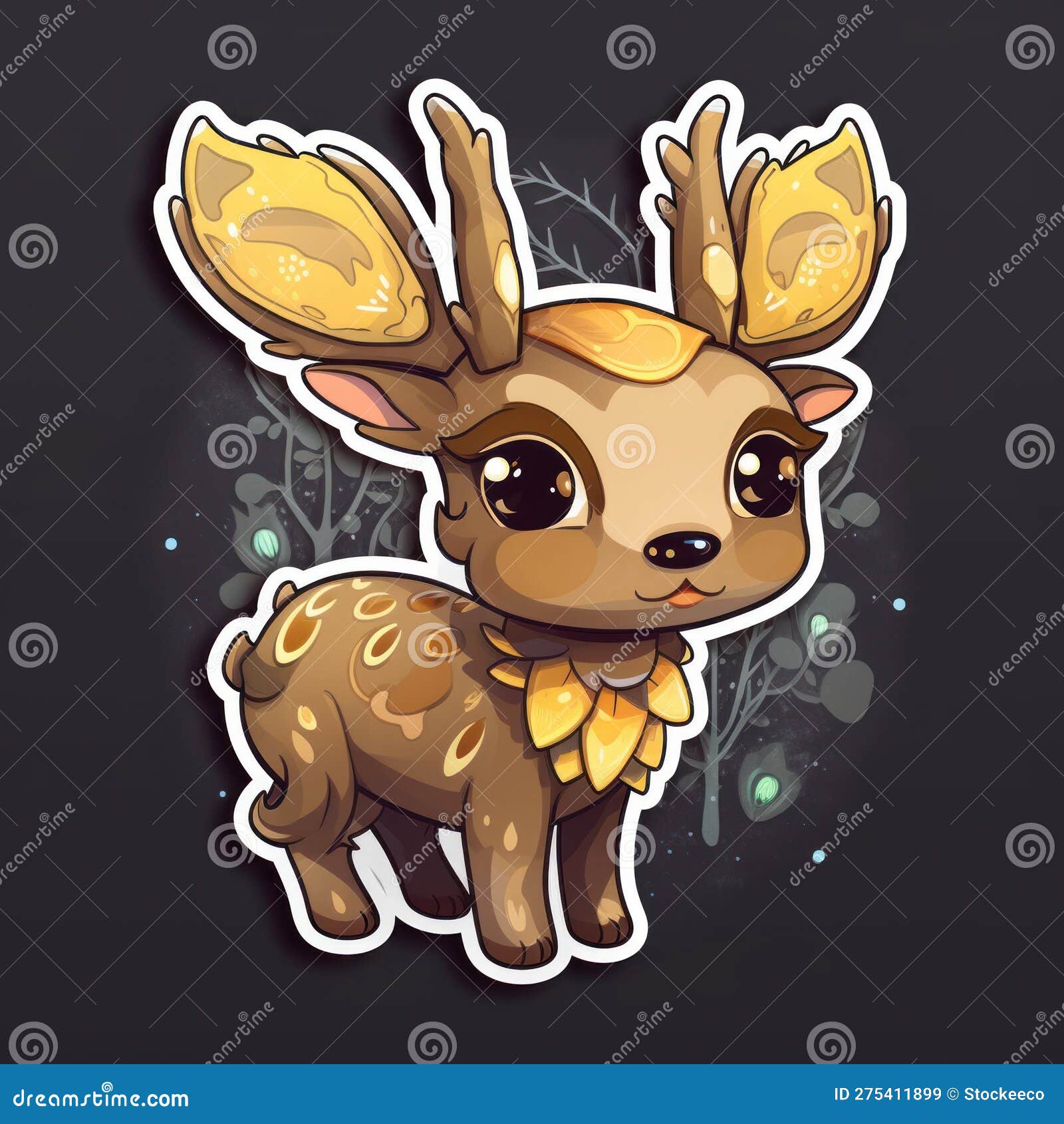 Flat Border Sticker with Cel Shading of a Cute Anime Style Deer Fly ...