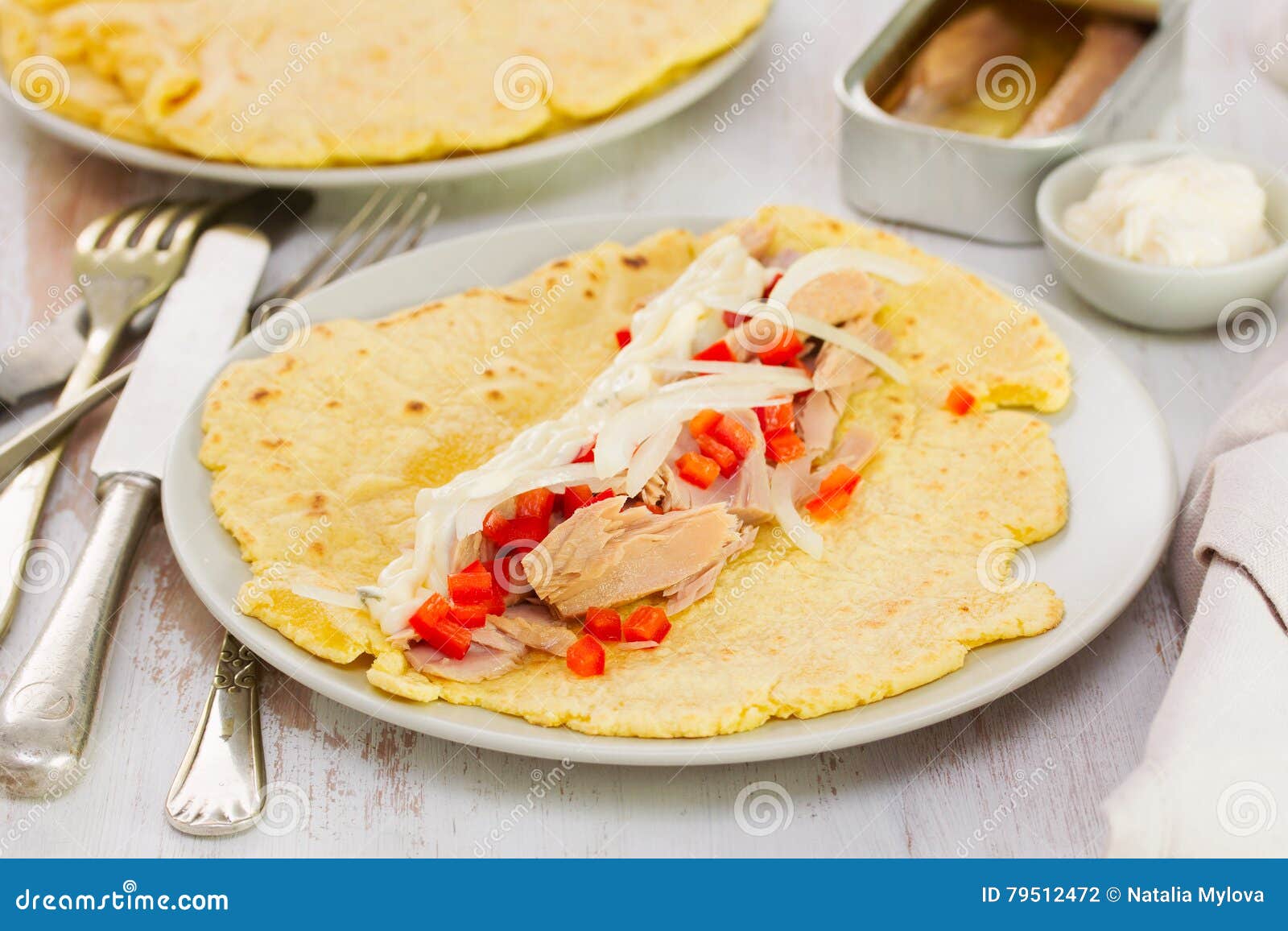 Flat Bread with Vegetables and Fish Stock Photo - Image of fried, fast ...