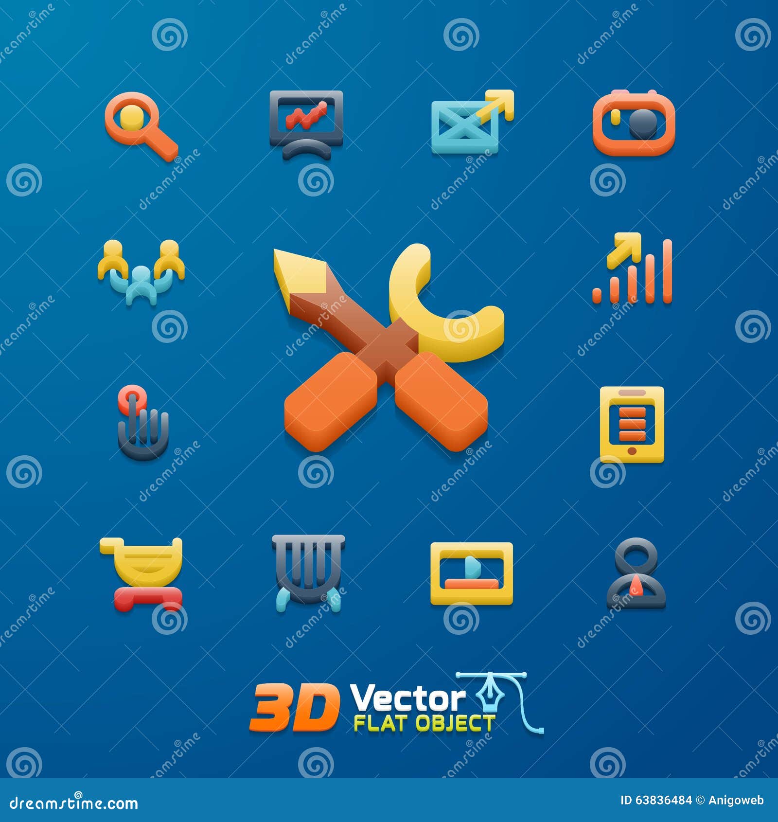 Flat business 3D icon set stock vector. Illustration of icon - 63836484