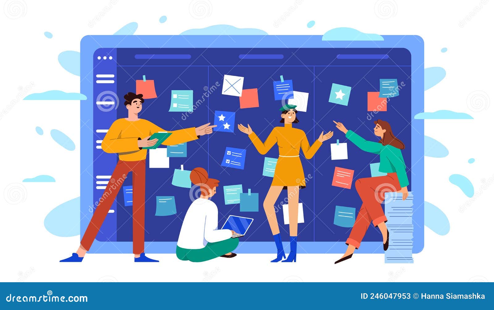 Flat Business Team at Scrum Board with Sticky Notes Stock Vector ...