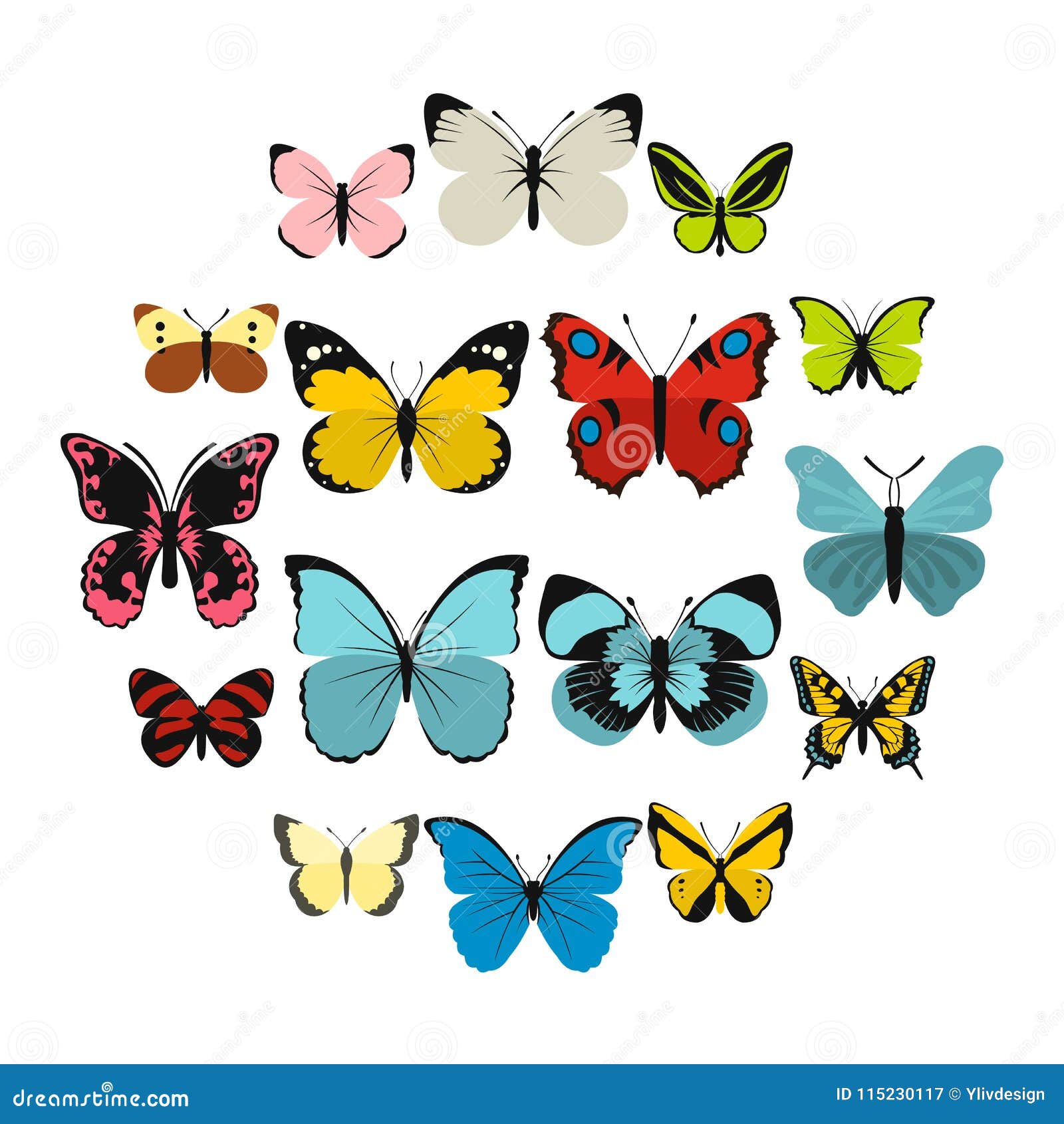 Butterfly Icons Set, Flat Style Stock Vector - Illustration of macro ...