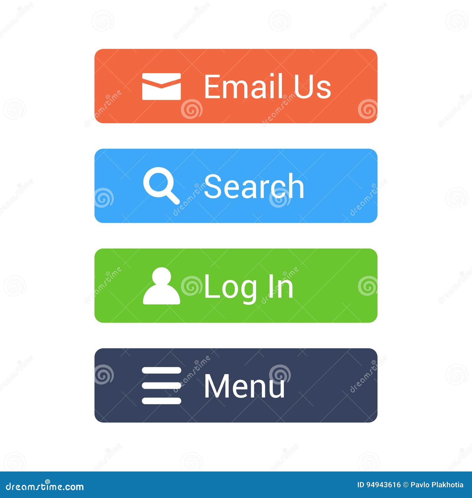 Flat Buttons Set. Email, Search, Log in, Menu Buttons for Web and App ...