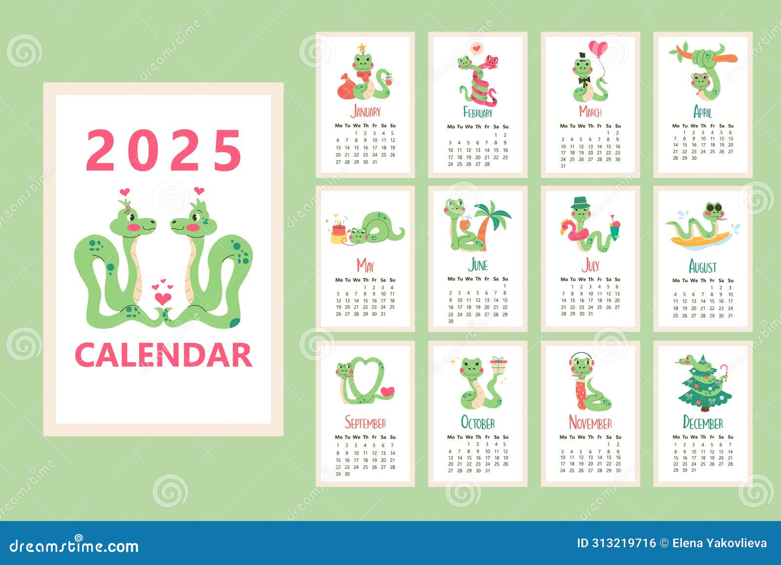 Flat 2025 Calendar Template Snake Character. Year of the Snake Stock ...