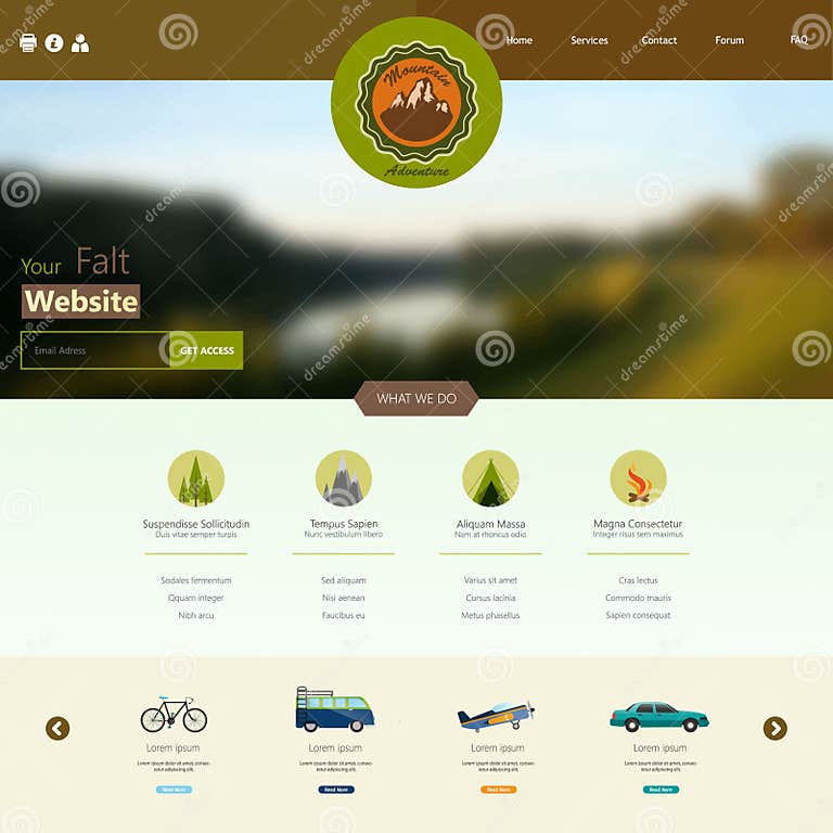 Flat Camping Website Template with Label Design and Blured Background ...