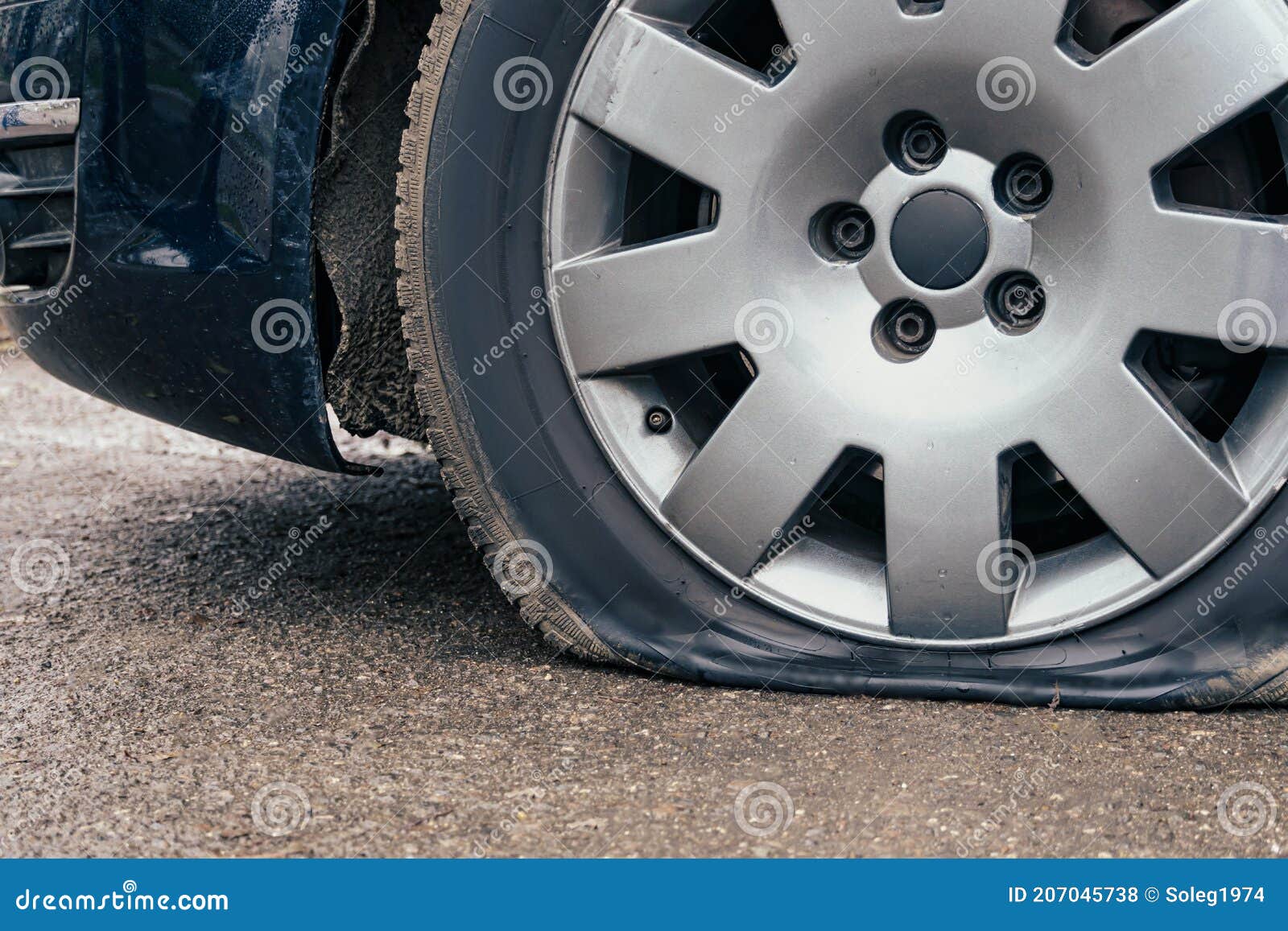 Flat Car Tire Close Up, Punctured Wheel Stock Photo - Image of closeup ...