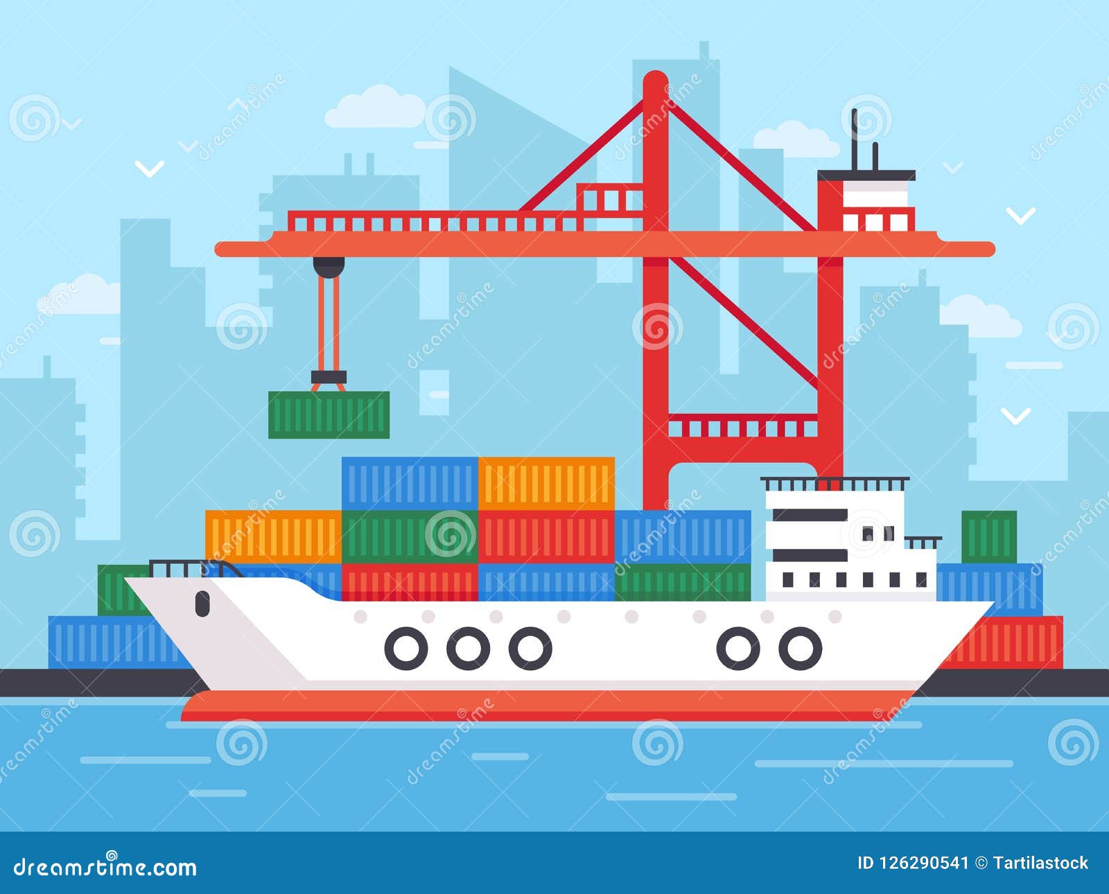 Flat Cargo Ship in Docks. Harbor Crane of Shipping Port Loading ... Flat Cargo Ship in Docks. Harbor Crane of Shipping Port Loading ...