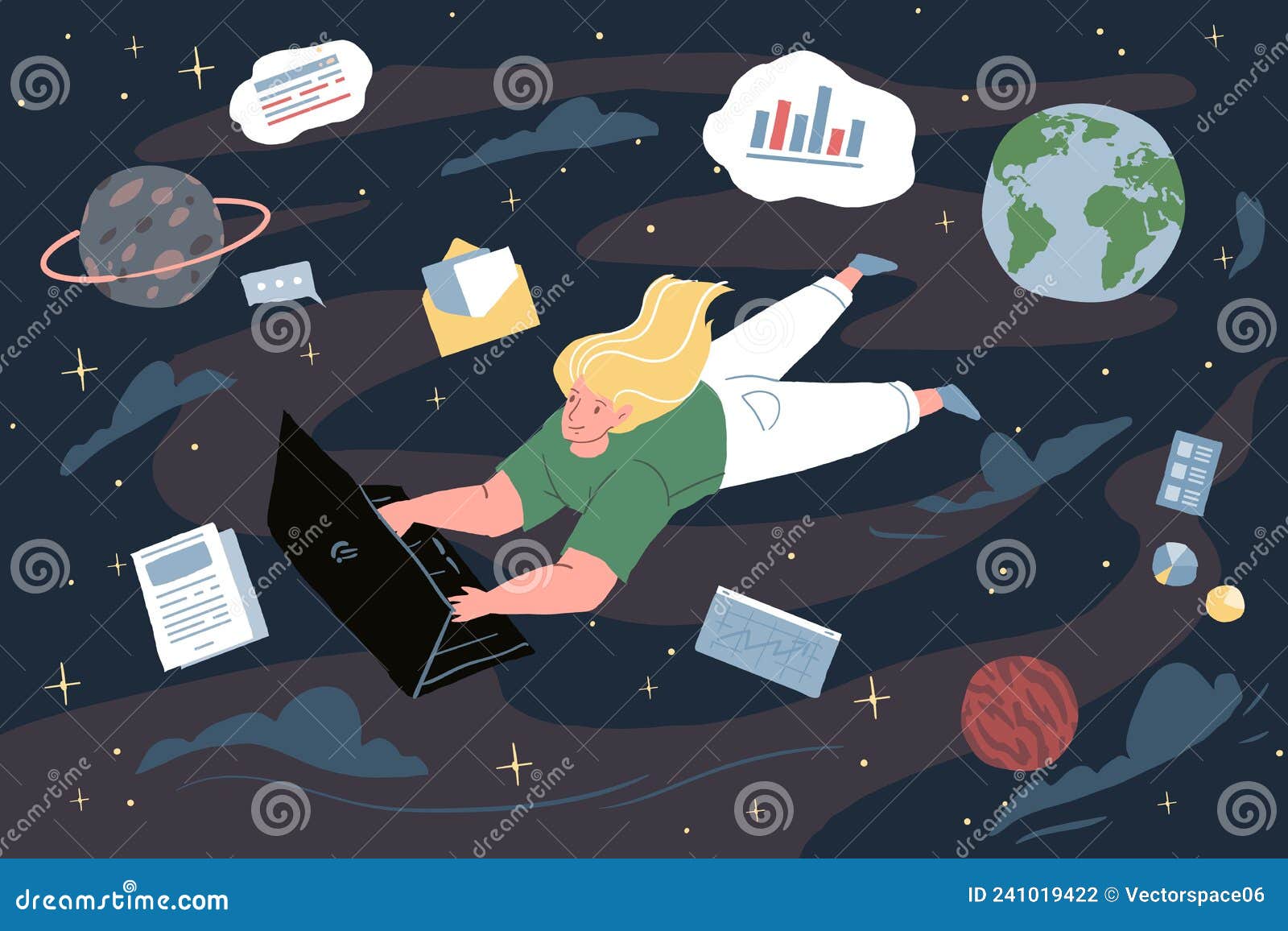 Flat Cartoon Character Uses Laptop Surfing,internet Technology Using ...