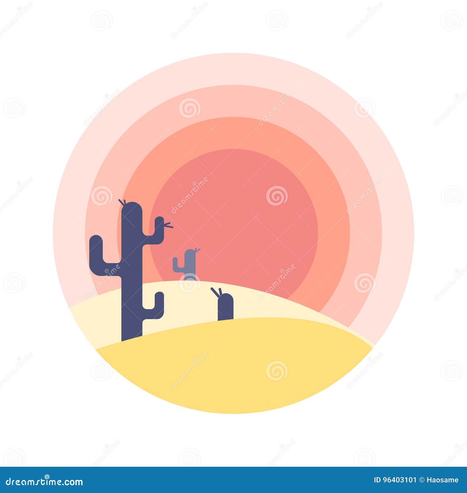 Flat Cartoon Desert Sunset Landscape with Cactus Silhouette in Circle ...