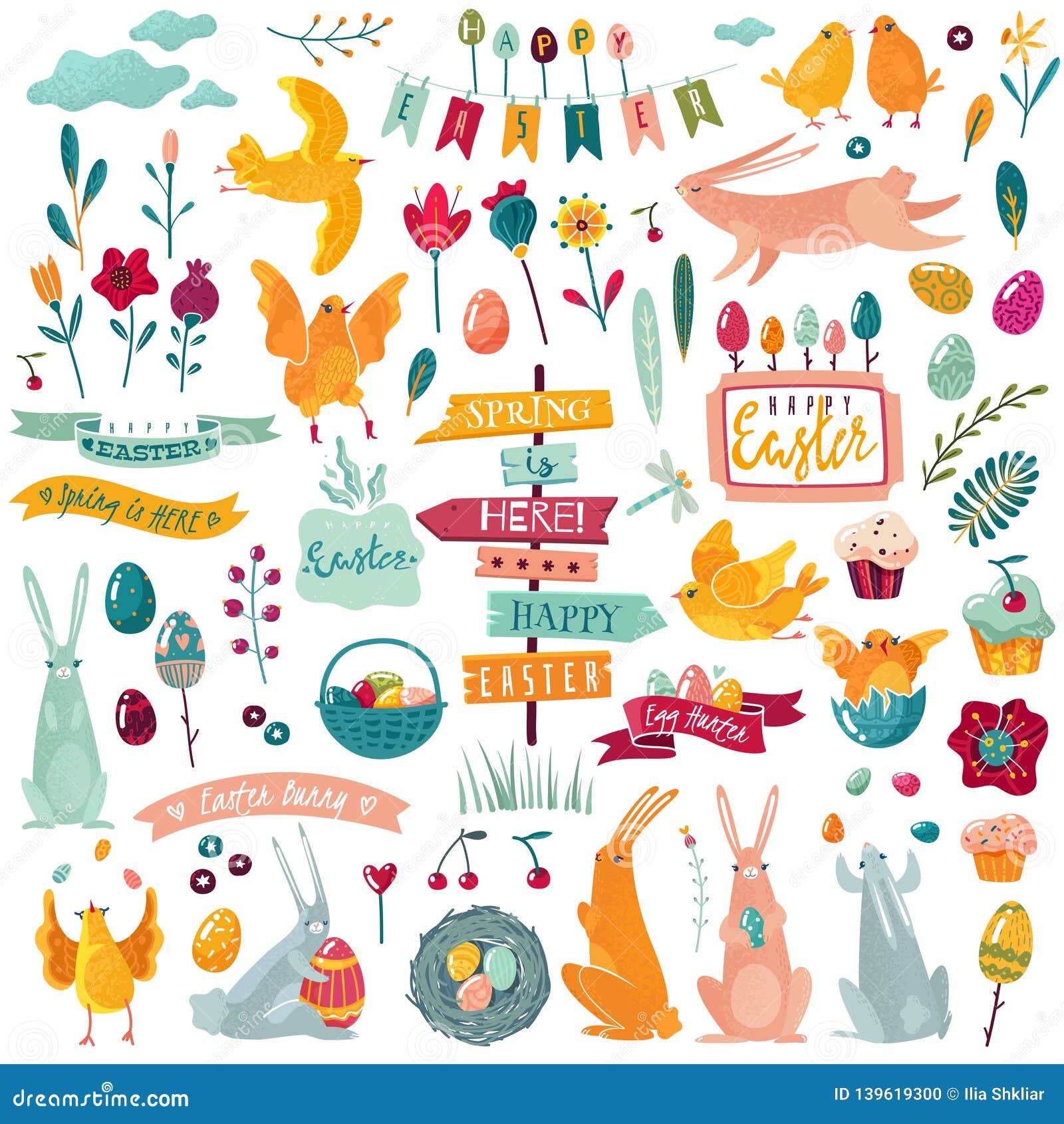 Flat Cartoon Easter Set. Banners, Ribbons, Eggs, Rabbits Stock Vector ...