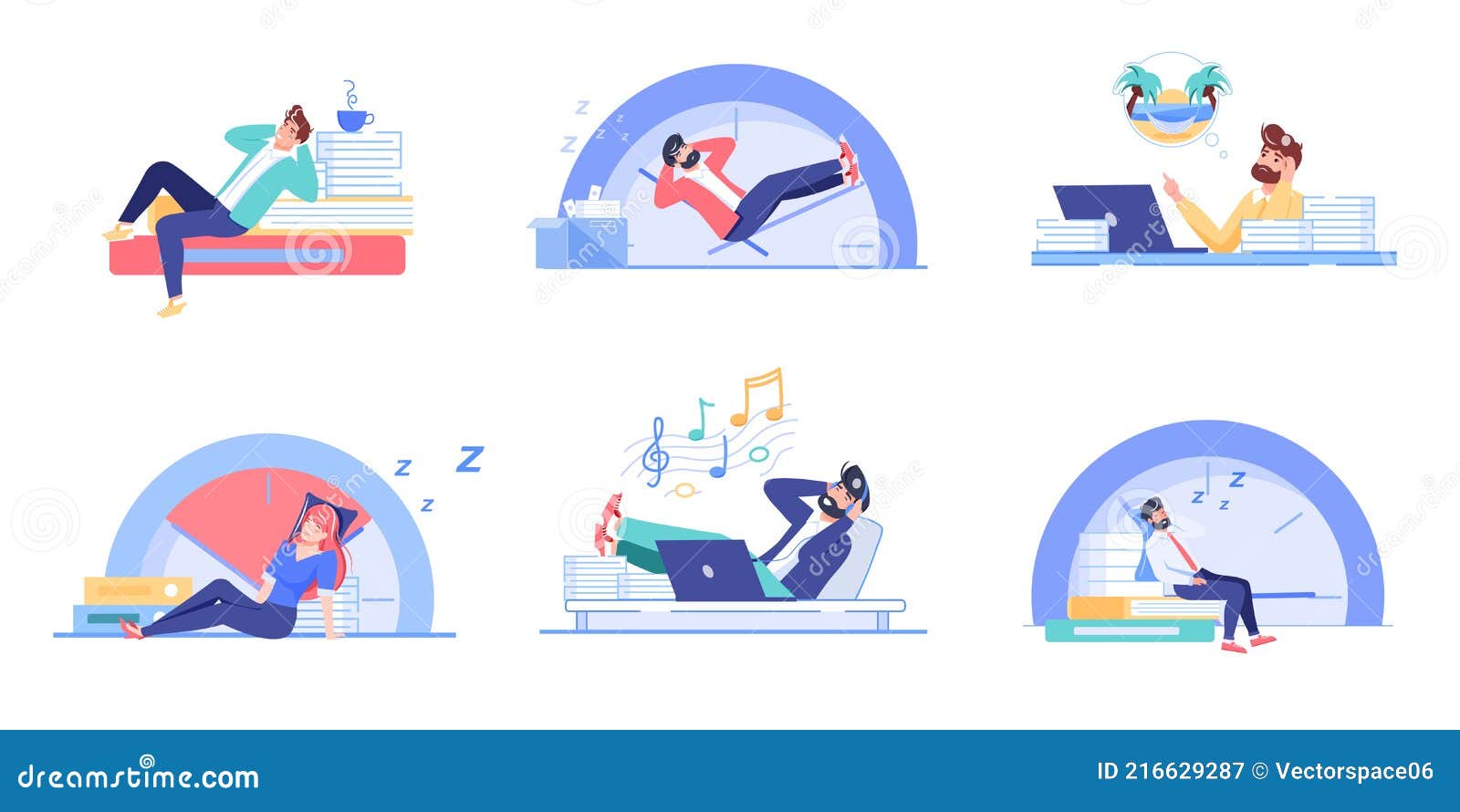 Flat Cartoon Employee Characters Procrastination Set,at Work Vector ...