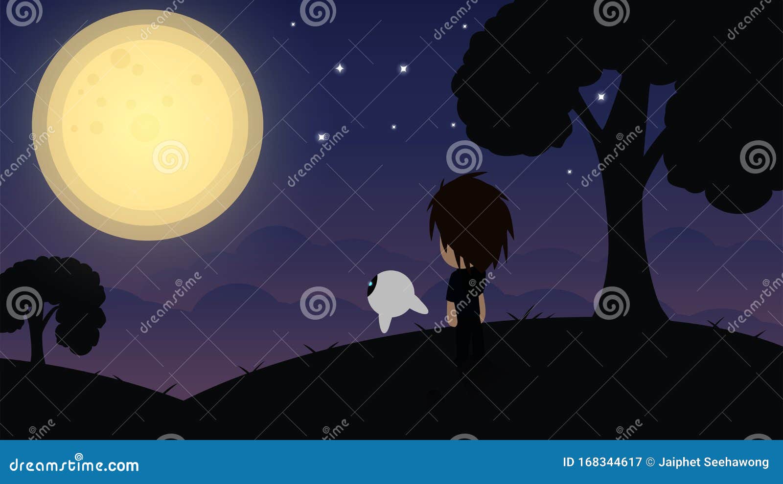 Flat Cartoon and His Robot Look the Full Moon in Night Stock Vector ...