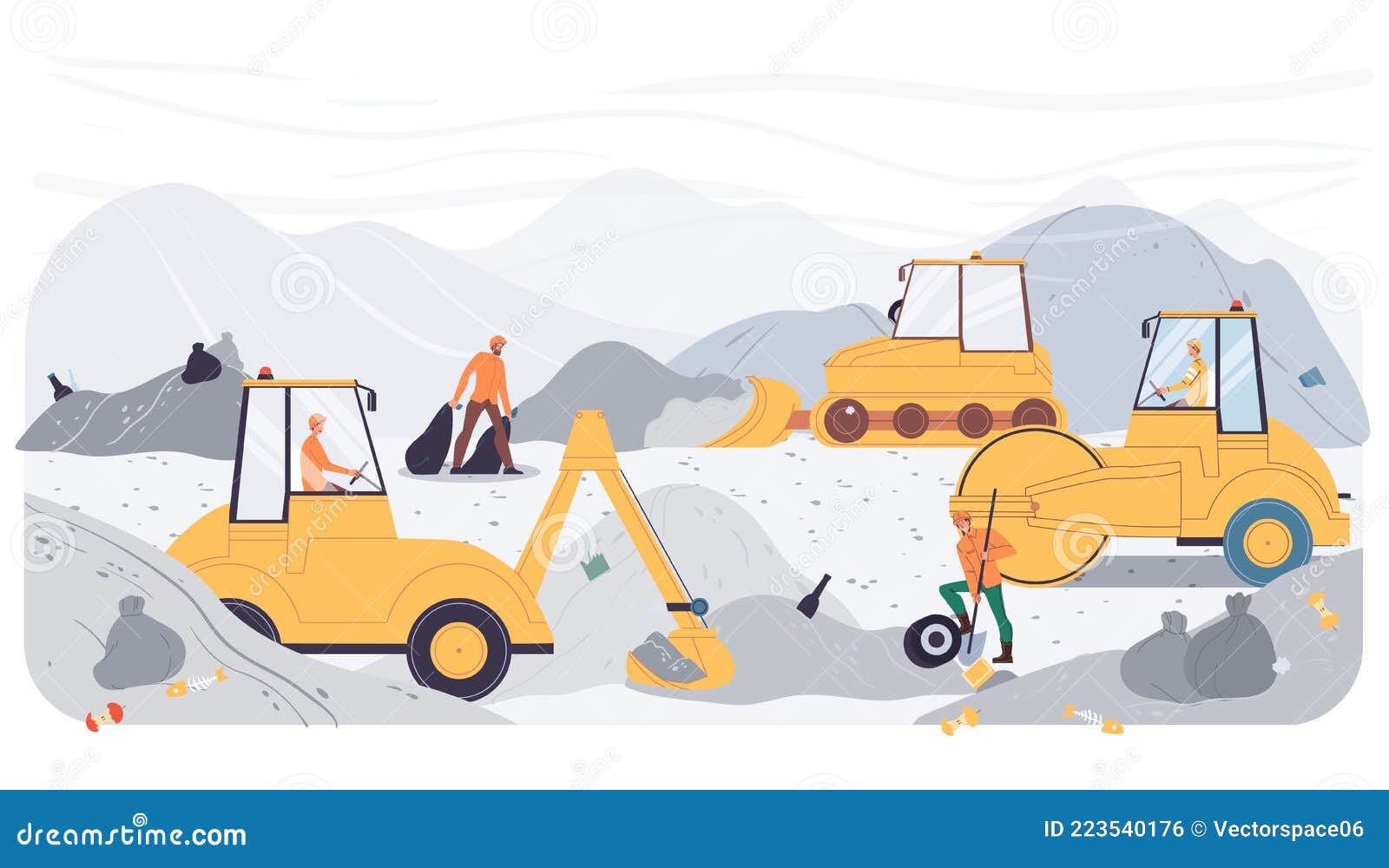Flat Cartoon Industrial Workers Characters at Garbage Disposal ...