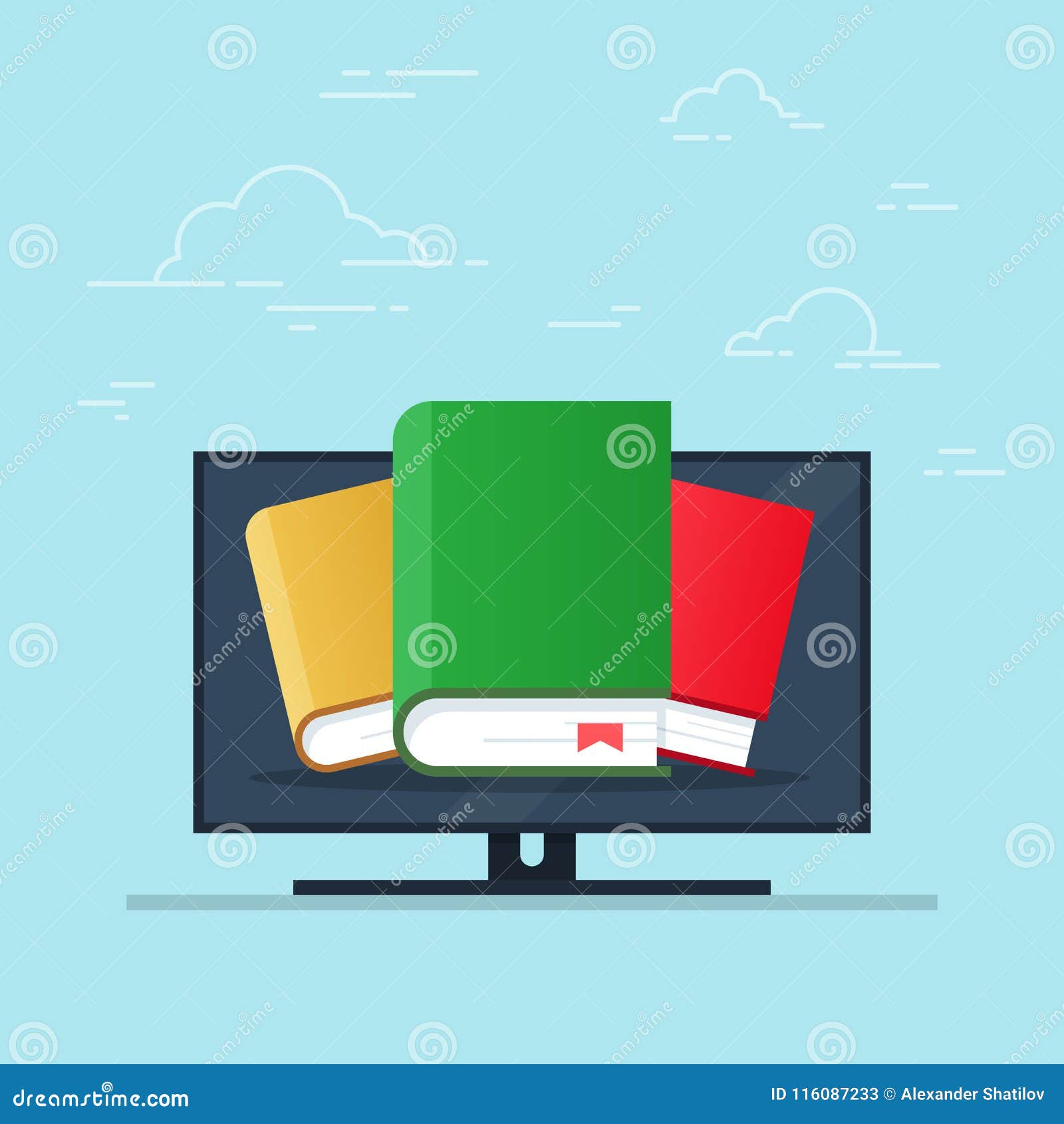 Flat Cartoon Pc with Books, Concept of Ebook Library, Digital Online ...