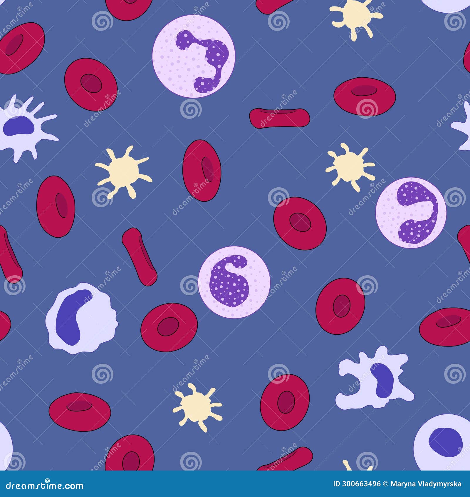 Flat Cartoon Seamless Pattern of Red and White Blood Cells on Deep Blue ...