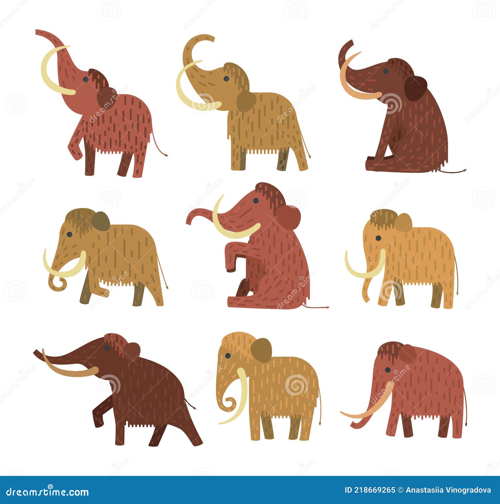 Flat Cartoon Set of Mammoth in Different Poses - Vector Illustration ...