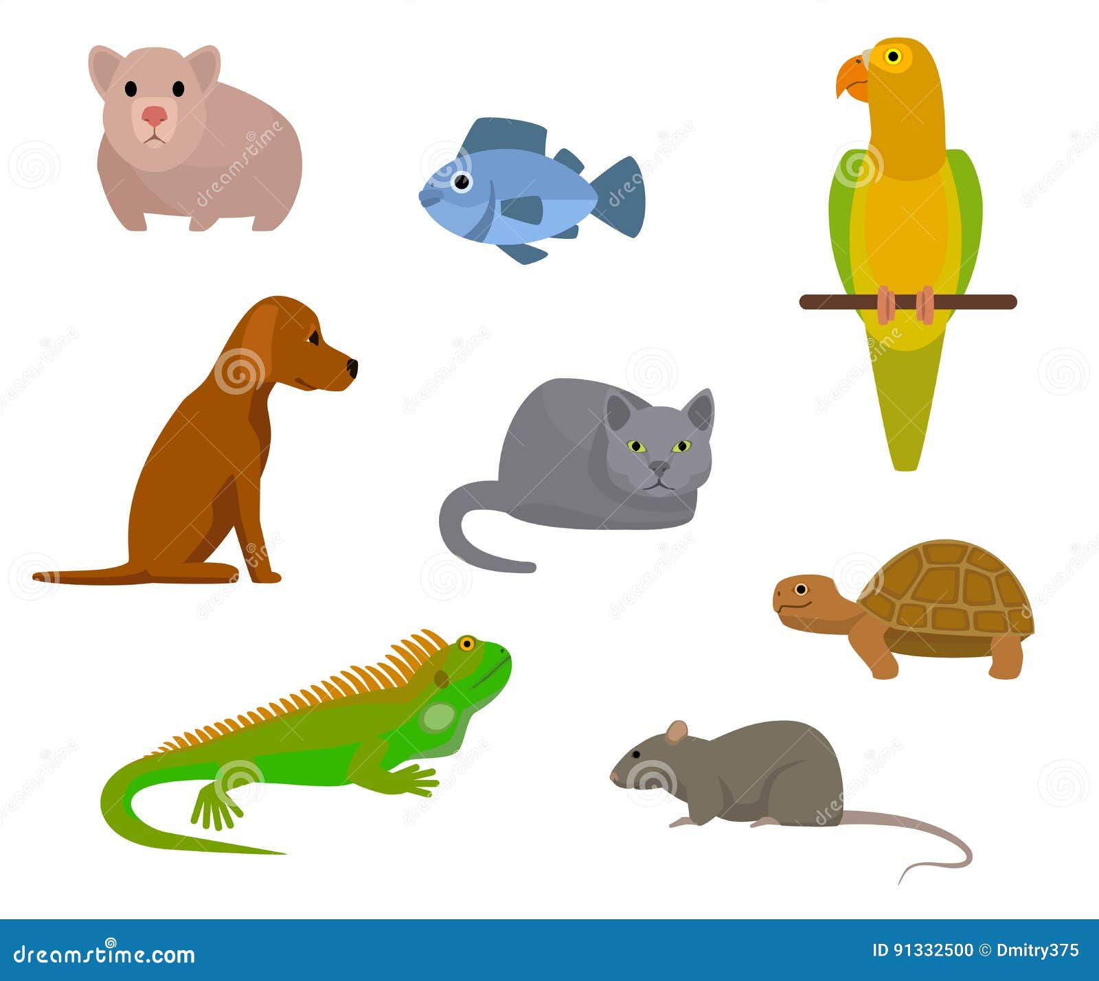Flat Cartoon Set with Various Pets Stock Vector - Illustration of puppy ...