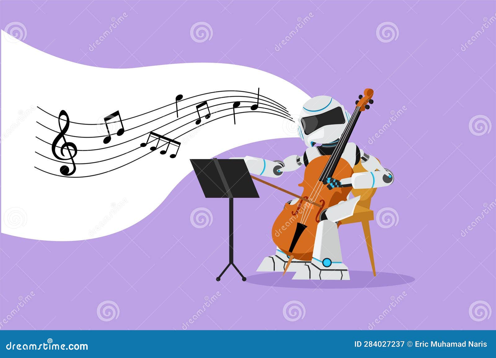 Flat Cartoon Style Drawing Robot Musician Playing Stringed Contrabass ...