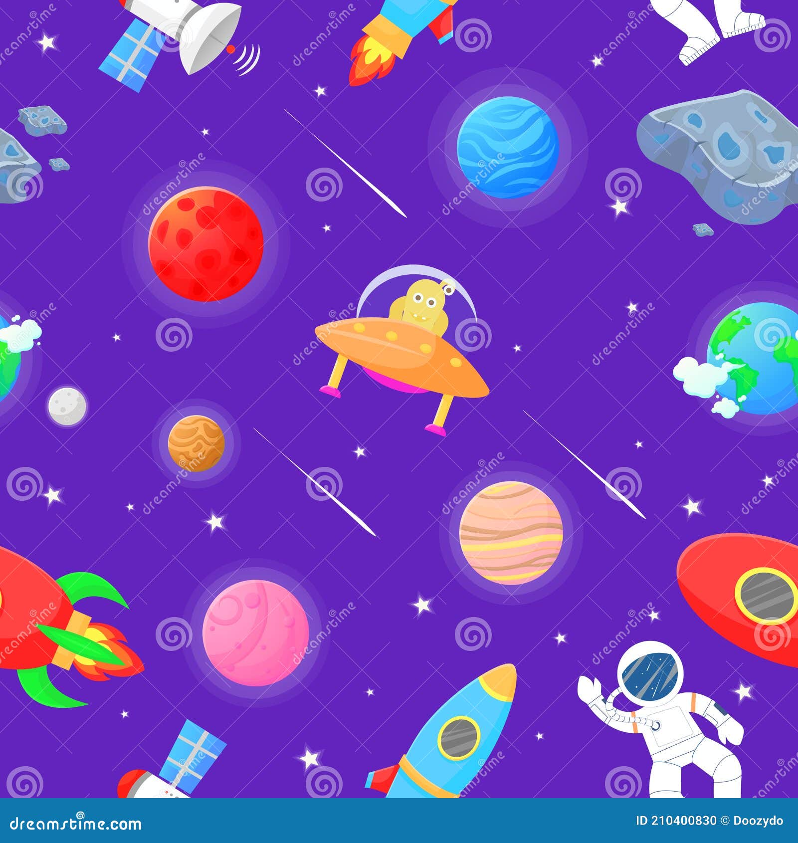 Flat Cartoon Style Space Pattern. Astronaut with Stock Vector ...