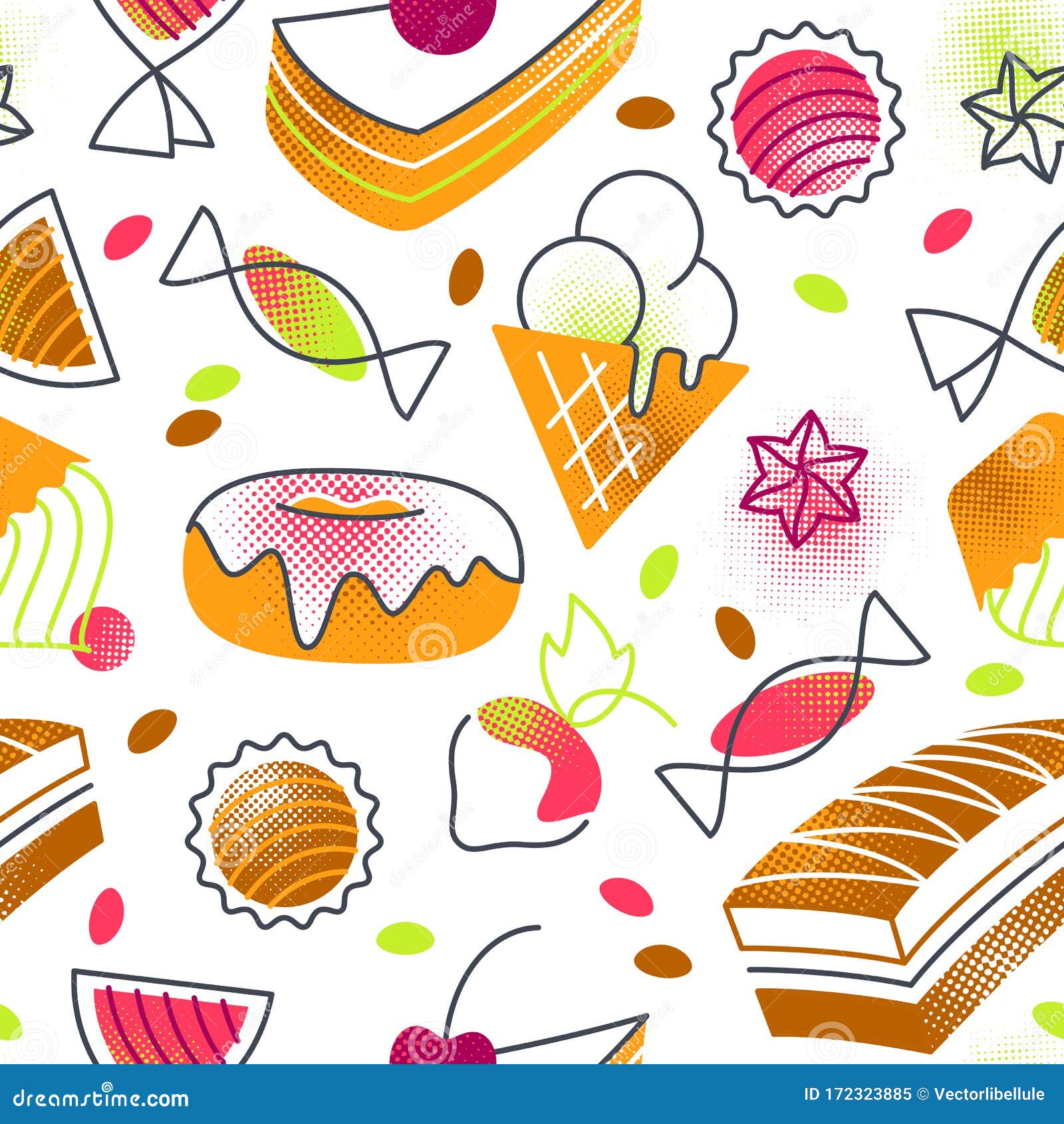 Flat Cartoon Sweets and Cakes Confectionery Seamless Pattern Stock ...