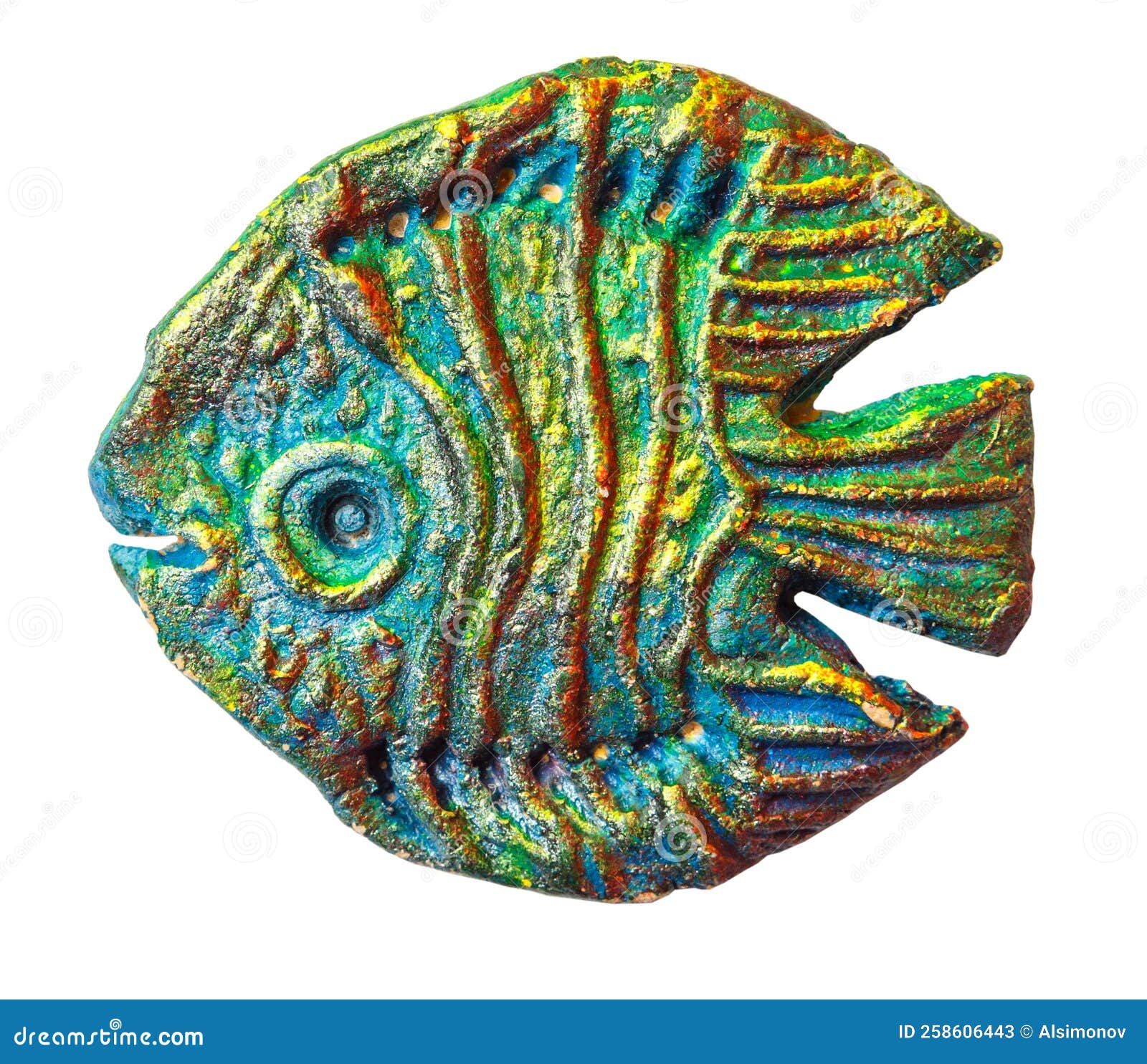 Flat Ceramic Fish with a Textured Surface, Painted with Blue and Green ...