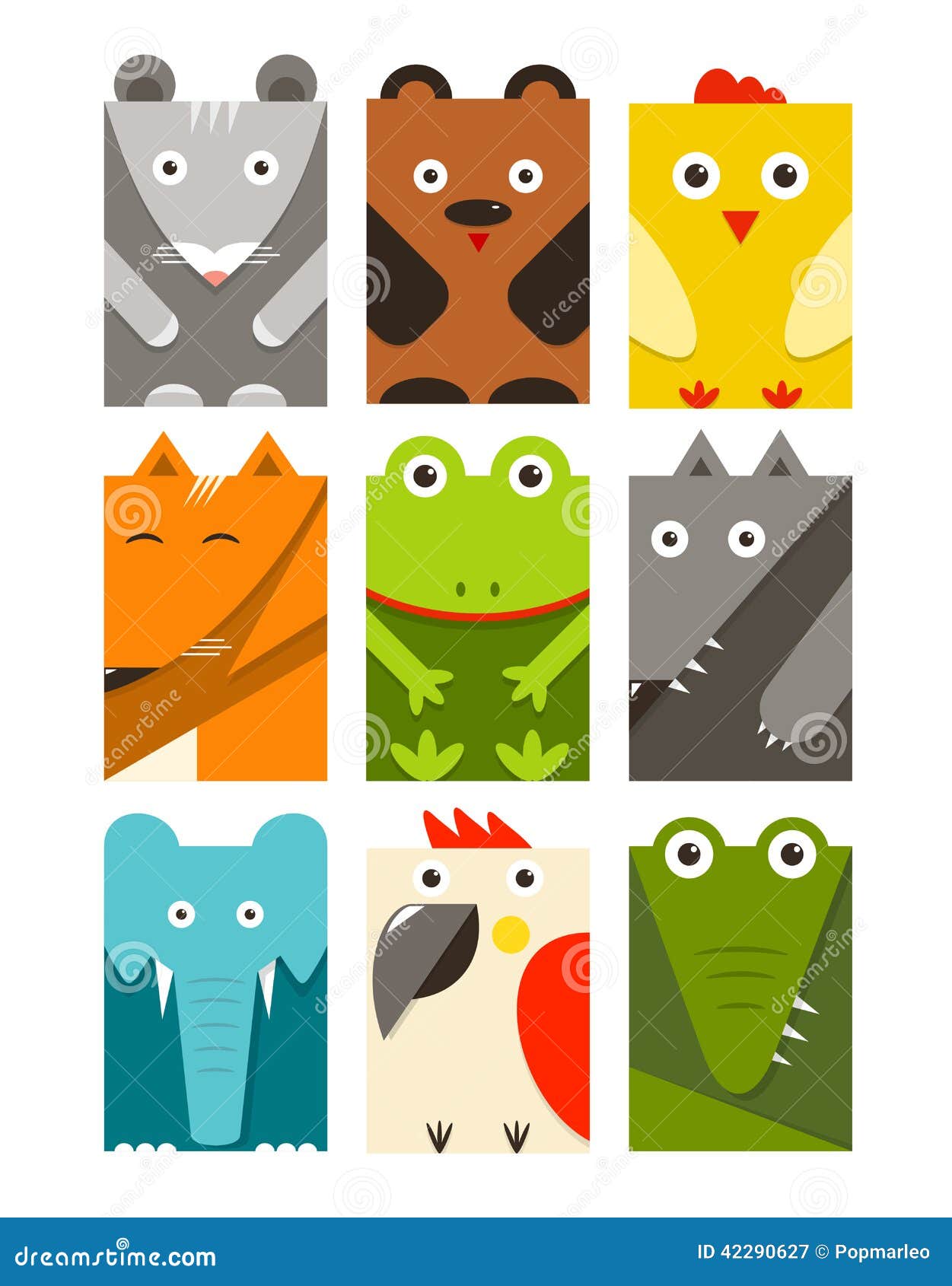 Flat Childish Rectangular Animals Set Stock Vector - Illustration of ...