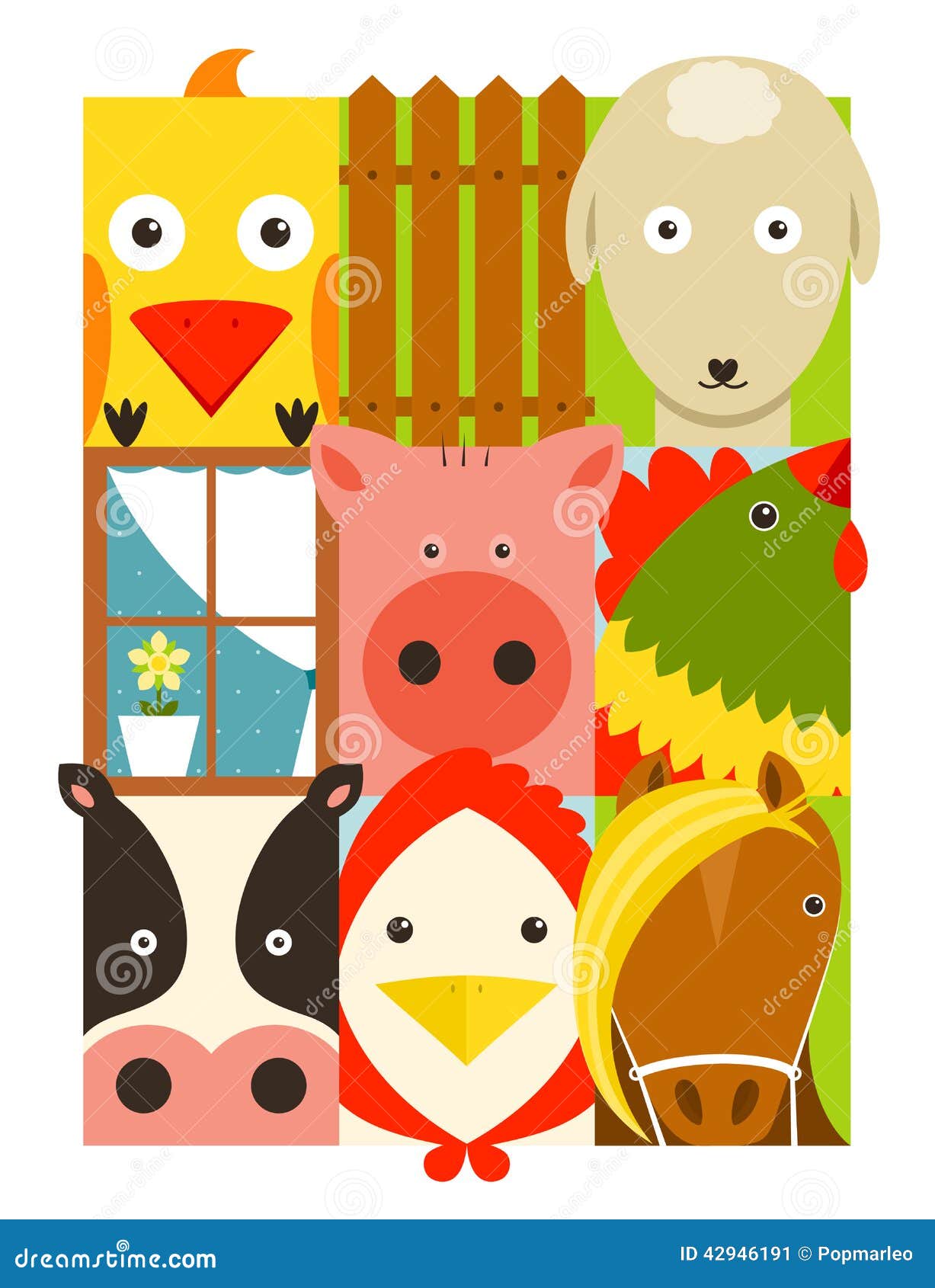 Flat Childish Rectangular Cattle Farm Animals Set Stock Vector ...