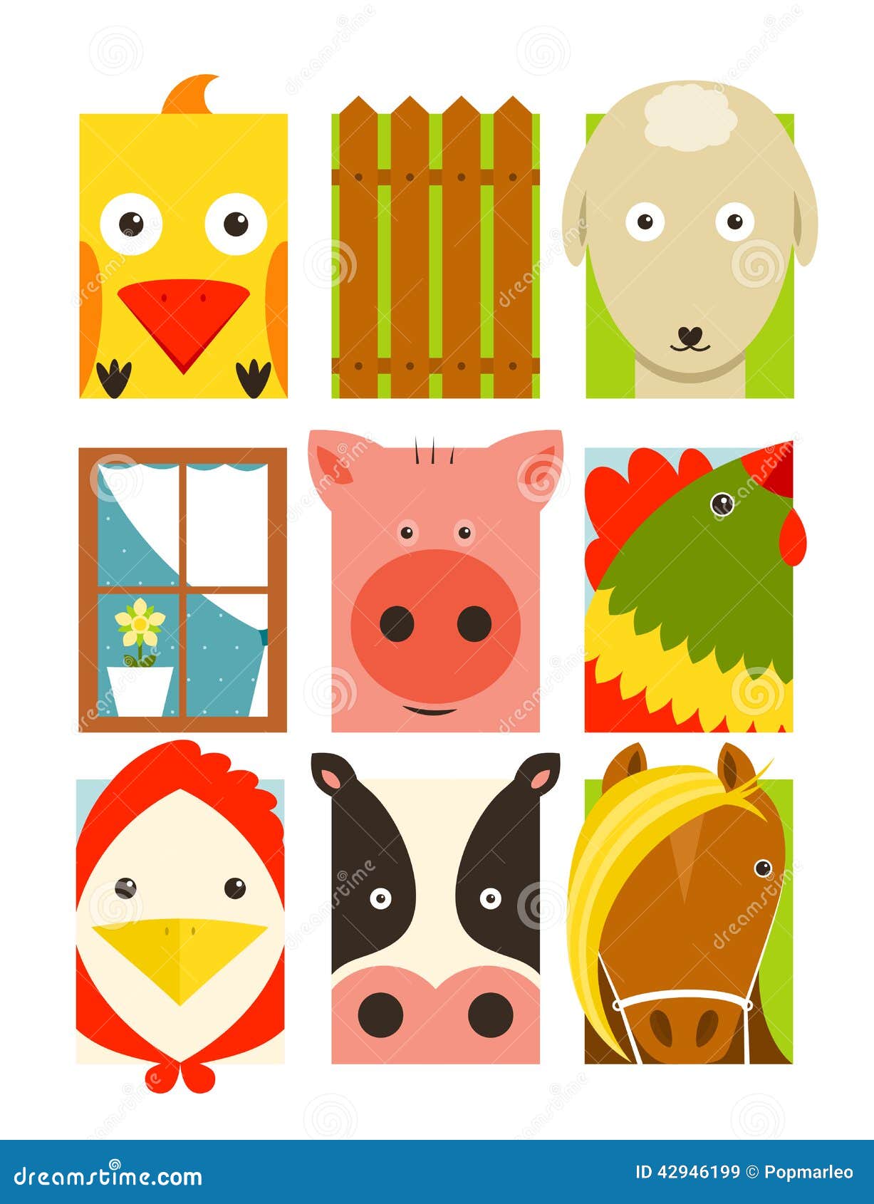 Flat Childish Rectangular Cattle Farm Animals Set Stock Vector ...