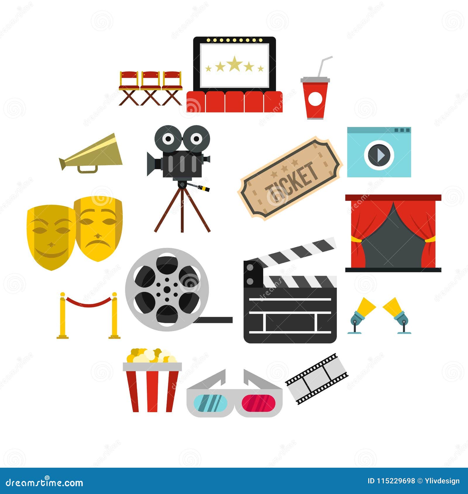 Cinema Icons Set, Flat Style Stock Vector - Illustration of show, retro ...