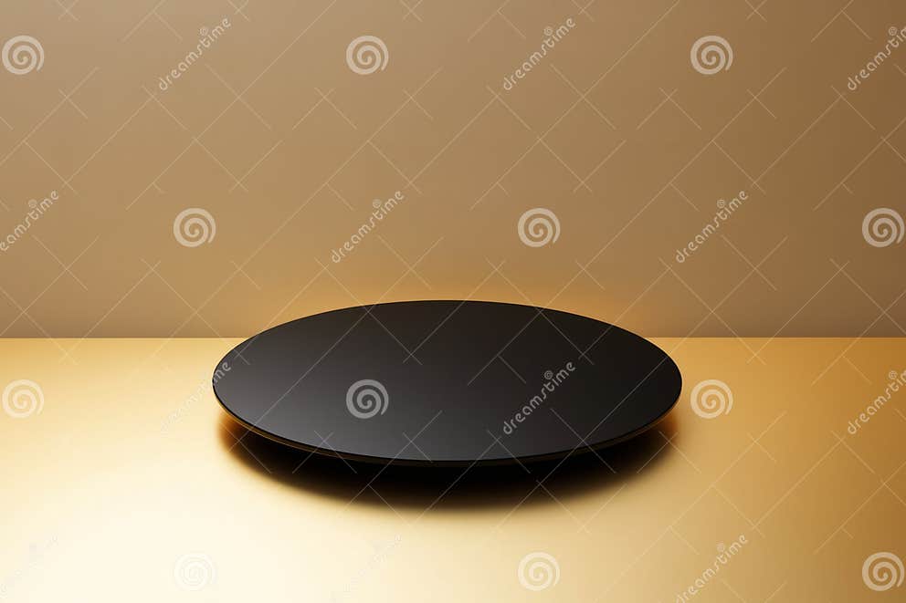 Flat Circular Disk in Black, Placed on a Smooth Gold Surface, with Soft ...