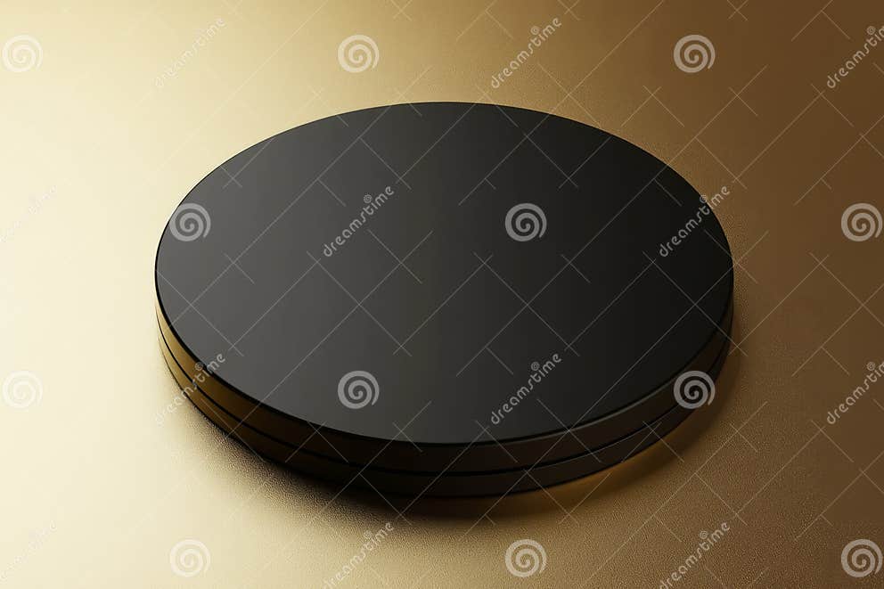 Flat Circular Disk in Black, Placed on a Smooth Gold Surface, with Soft ...
