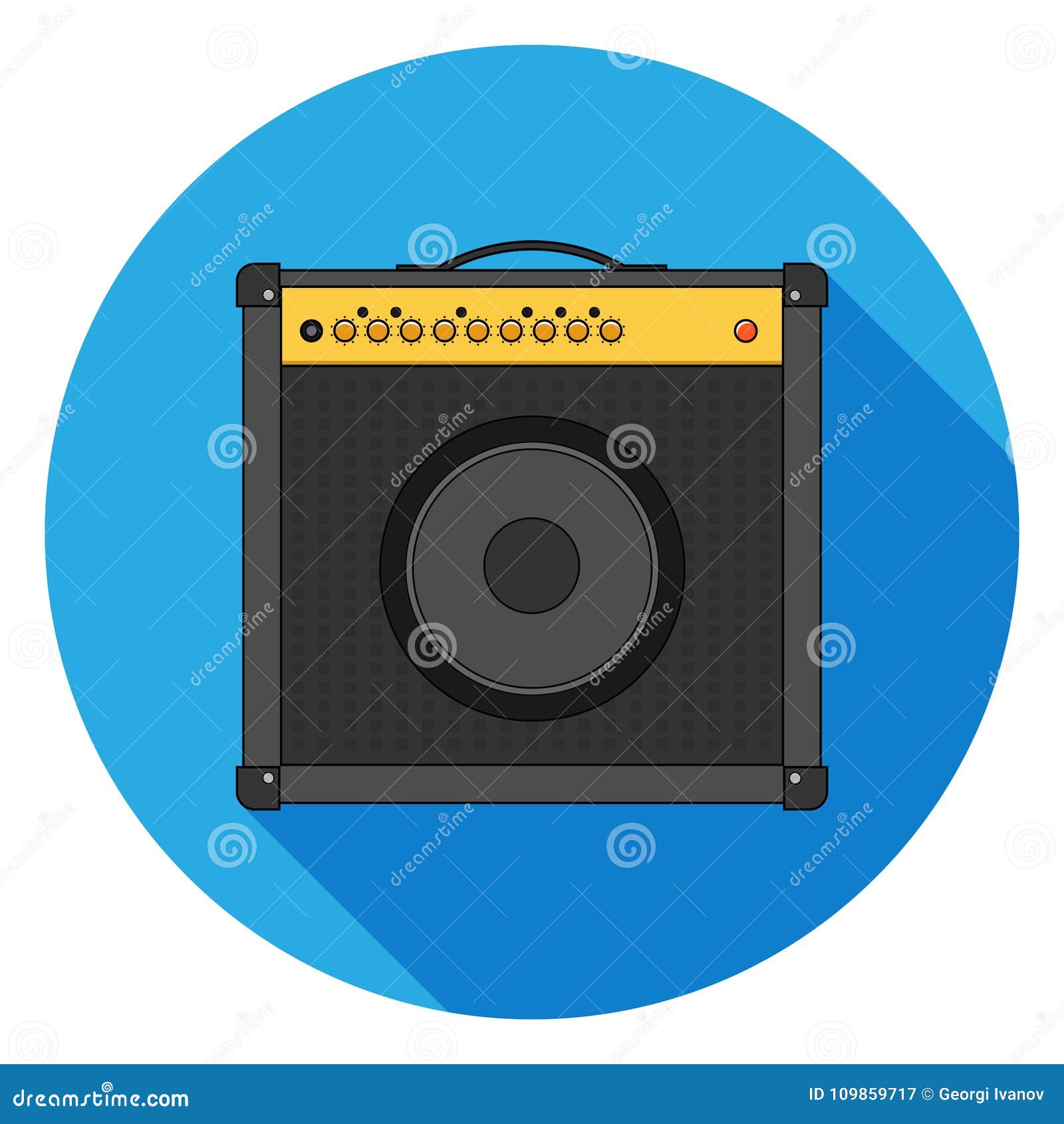 Flat, Circular Guitar Amp Icon. on Blue, Casting a Shadow Stock Vector ...