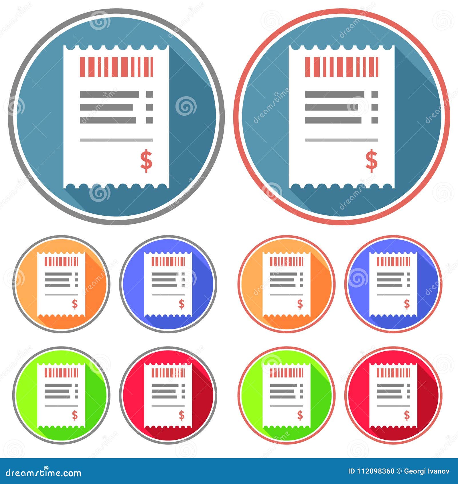 Flat, Circular Receipt Icon. Two Versions, Five Color Variations Stock ...
