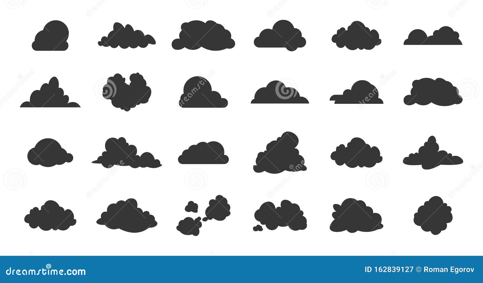 Flat Clouds Icon. Black Nature Shadow Silhouettes. Vector Illustrations ...