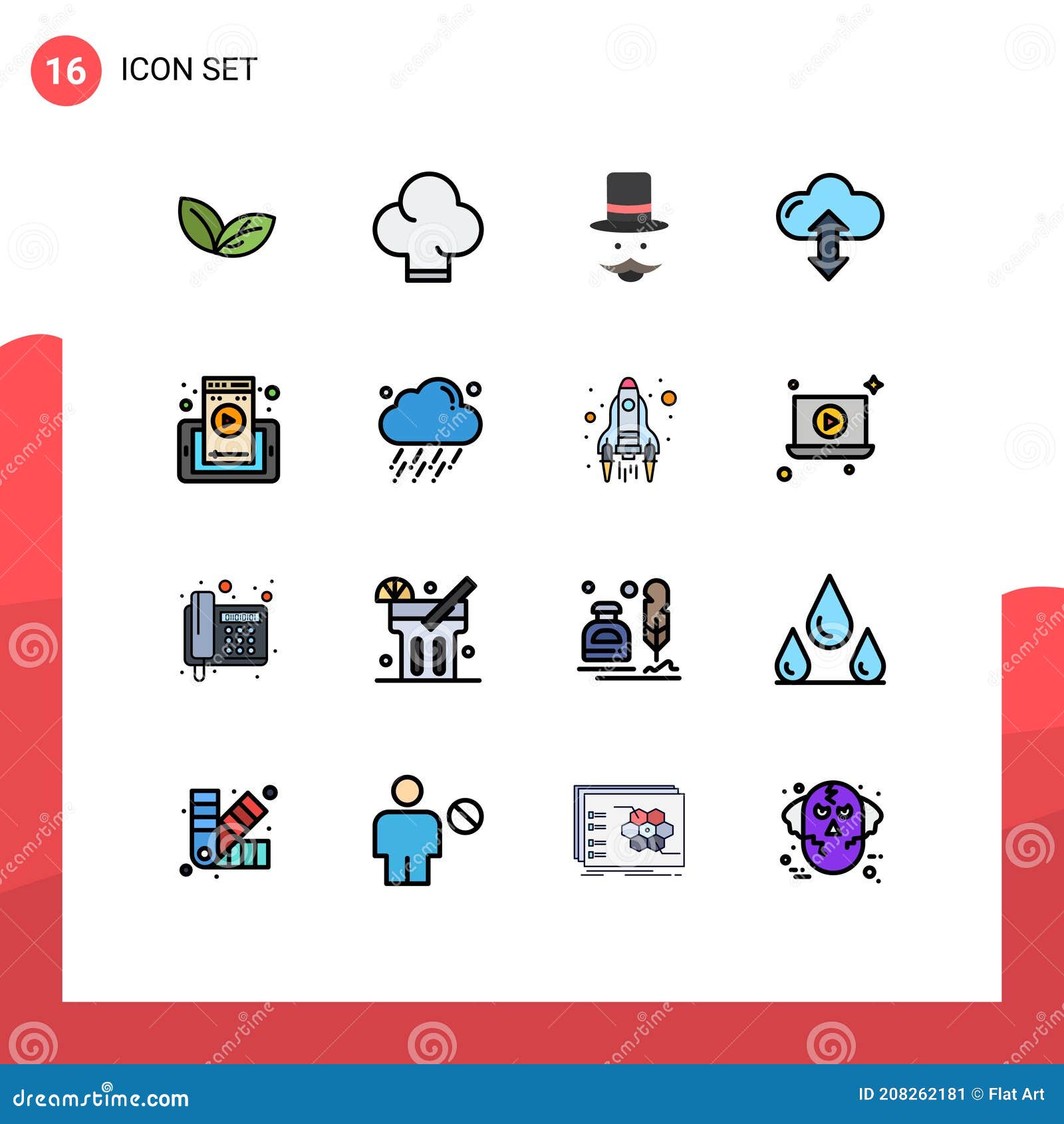 Flat Color Filled Line Pack of 16 Universal Symbols of Mobile, Down ...