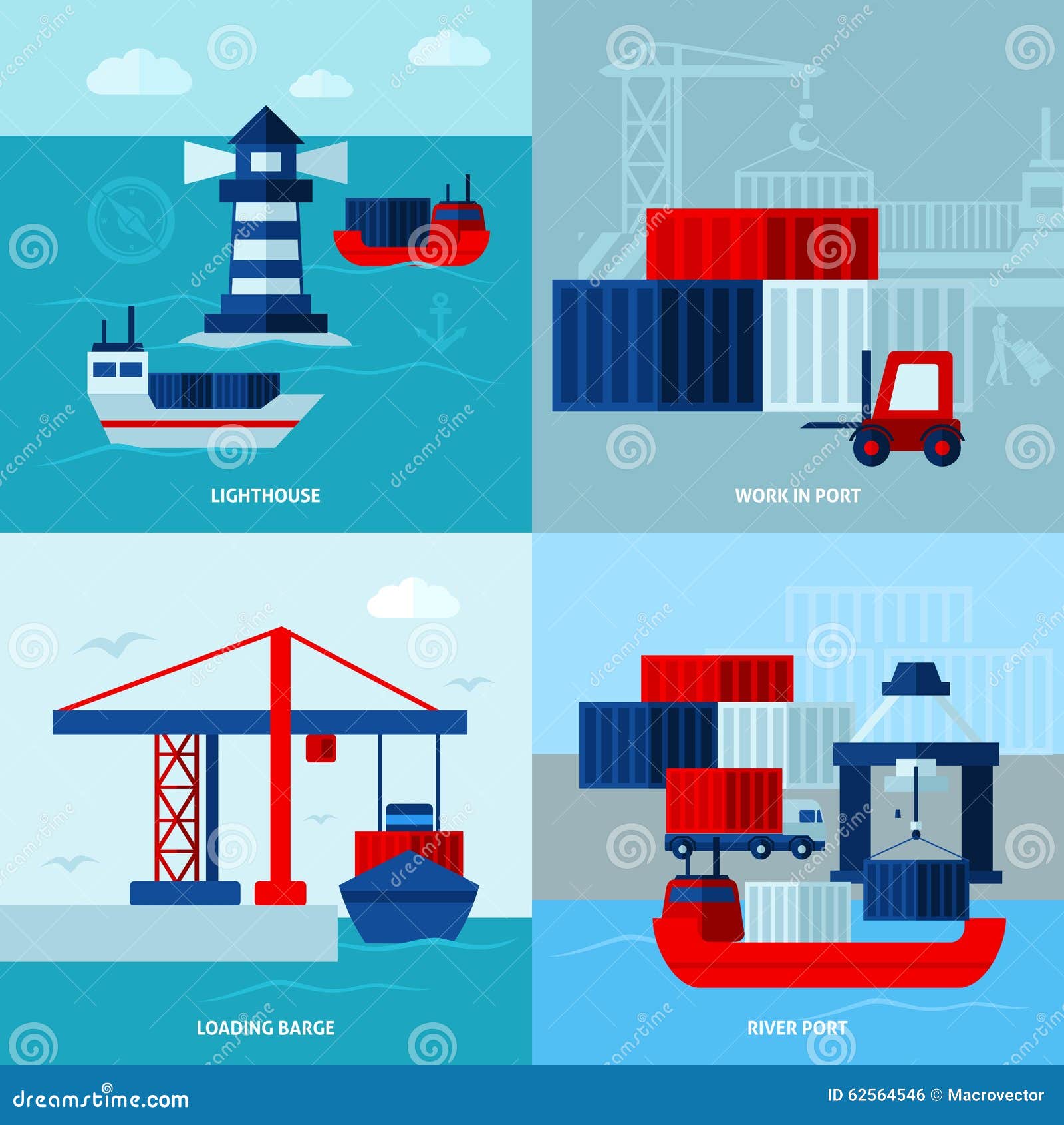 Seaport Flat Set Cartoon Vector | CartoonDealer.com #48896673