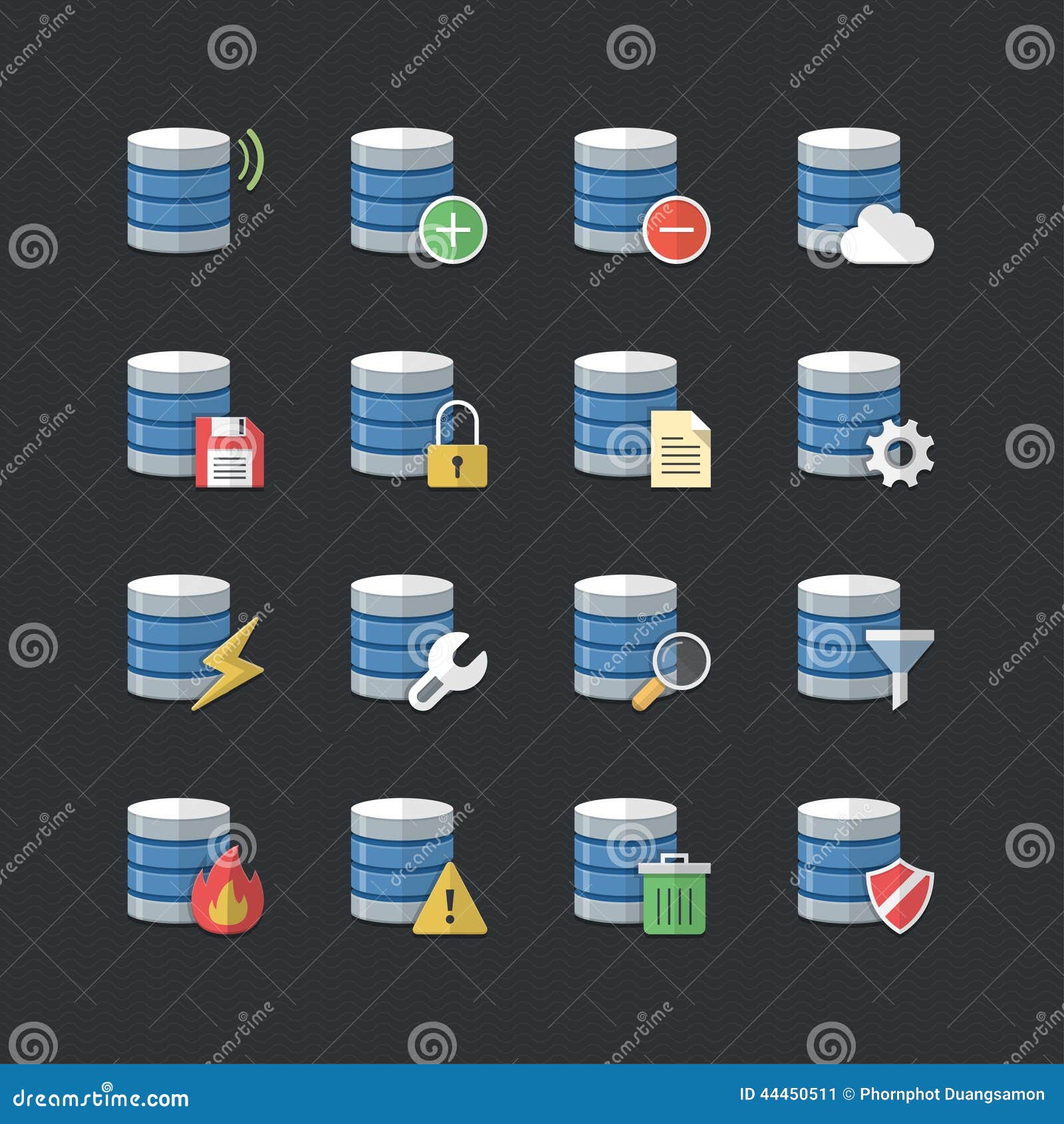 Flat Color Style Database Icons Set Stock Vector - Illustration of flat ...