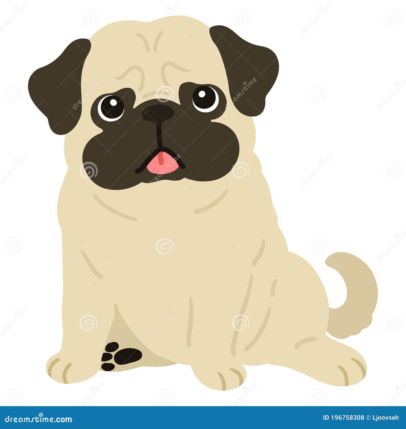 Flat Colored Simple and Cute Pug Sitting in Front View Stock Vector ...
