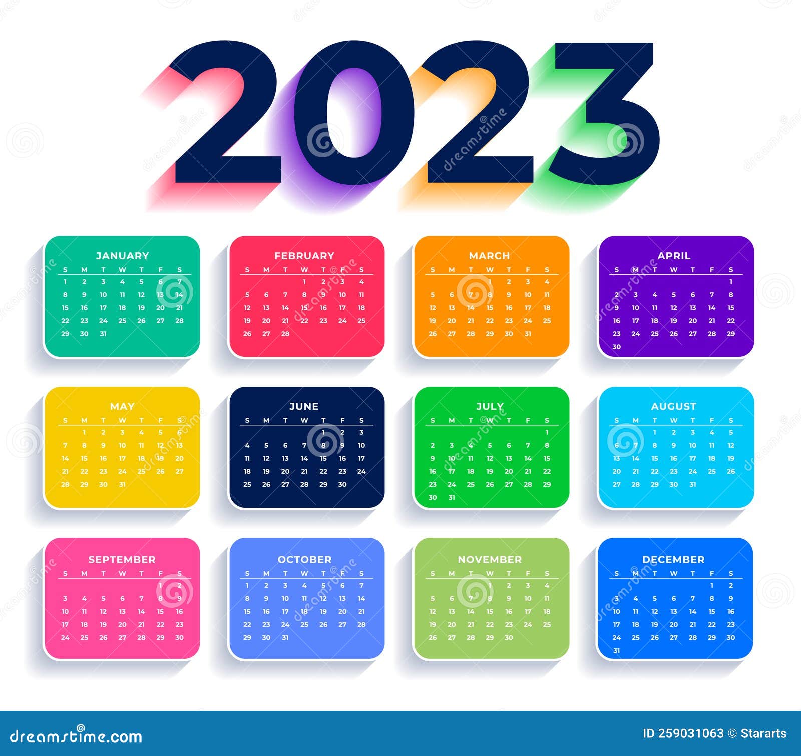 Flat Colorful 2023 Calendar Layout for Event Planner Stock Illustration ...