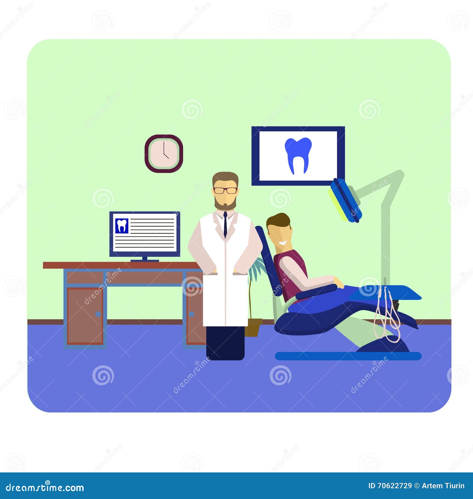 Dentist And Patient. Cartoon Scenes With Tooth Care, Man In Dental ...