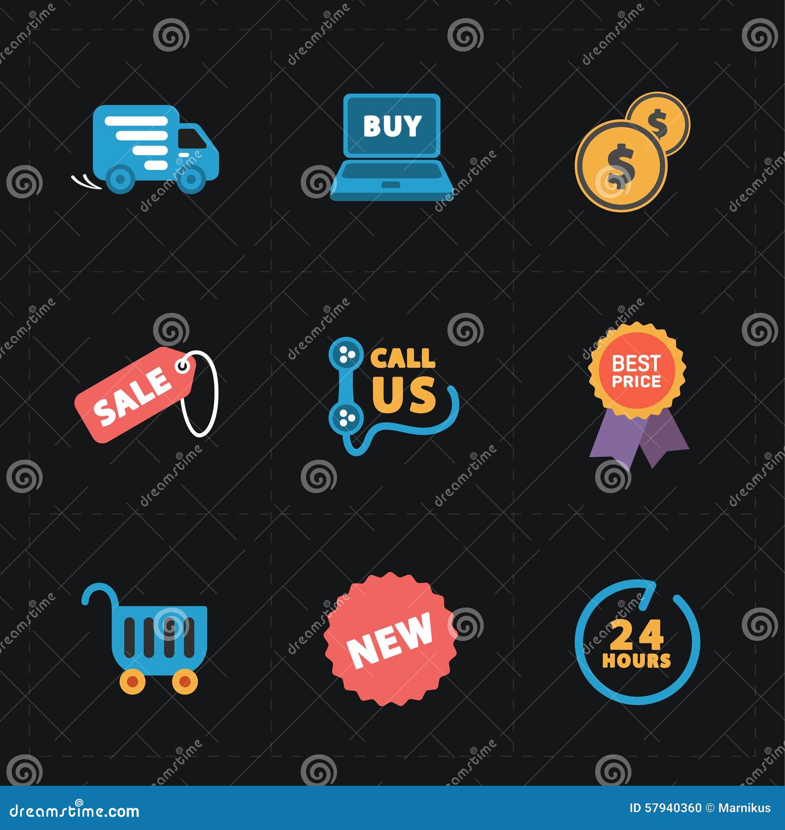 Flat Colorful Shop Icons on Black Stock Vector - Illustration of price ...