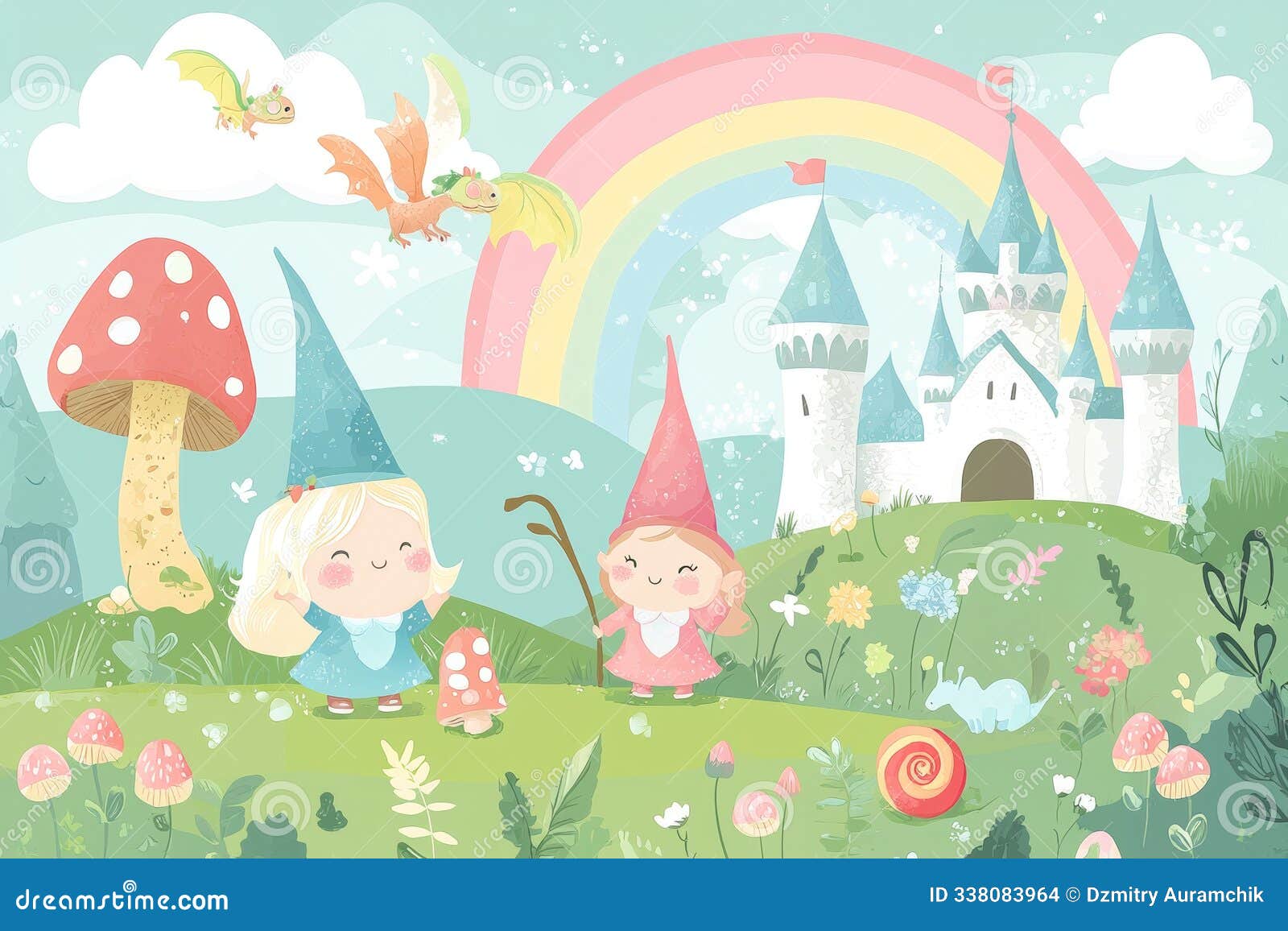 A Flat Composition Background with Cute Mythical Creatures Drawn by ...